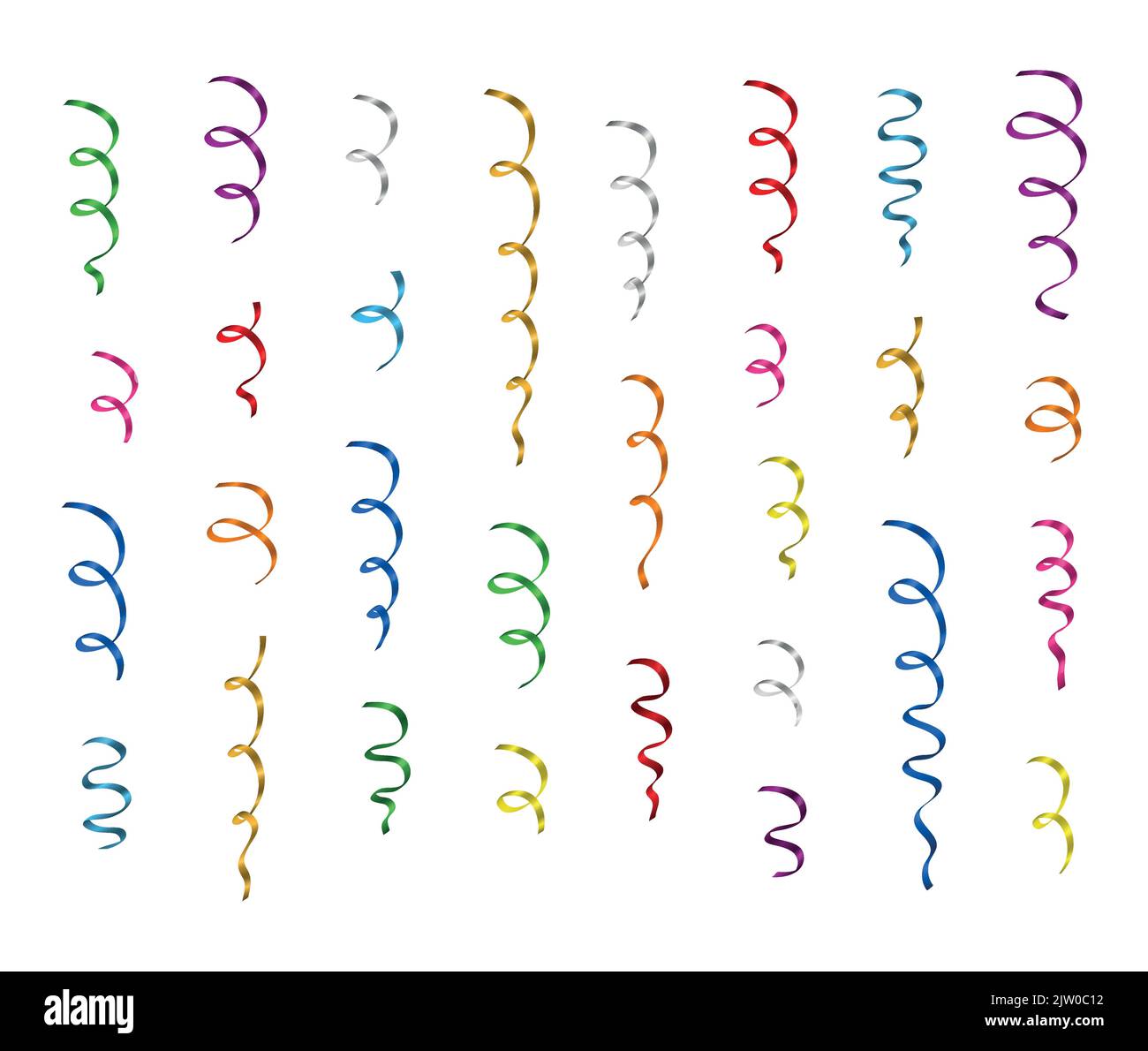 Set of colorful metallic flowing streamers or ribbons isolated on white ...