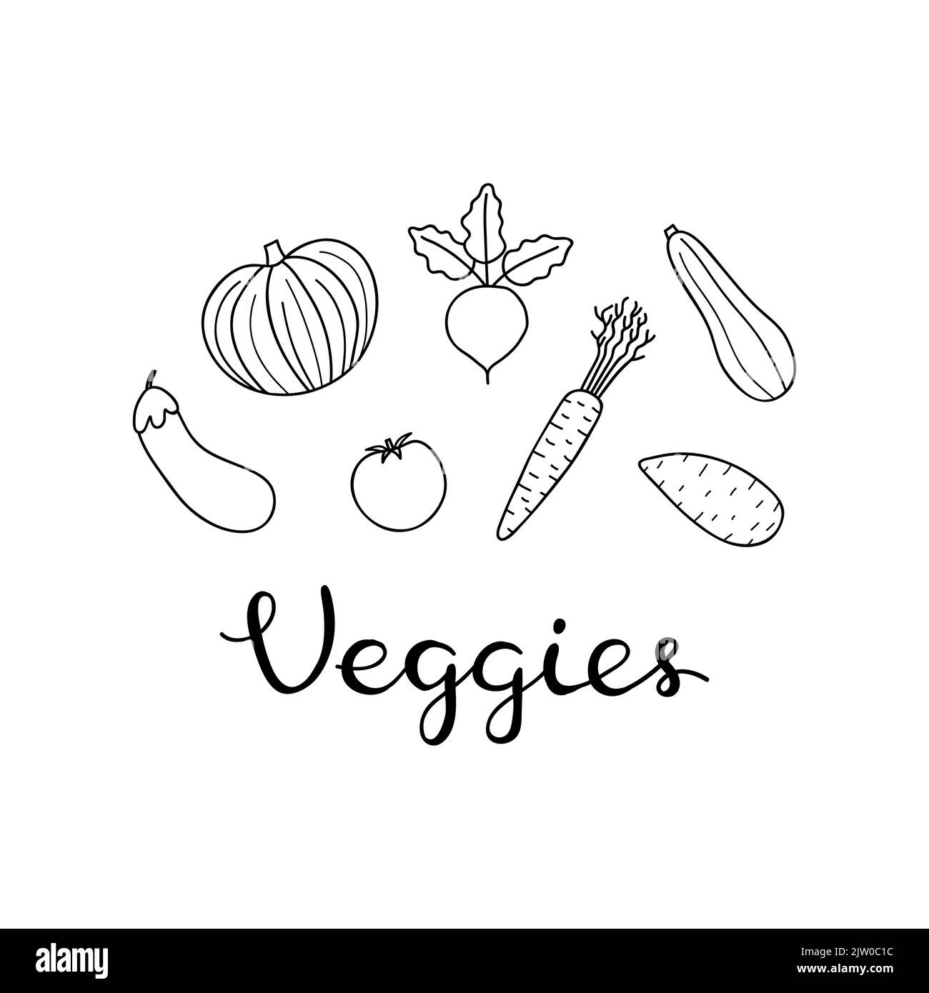 Composition with hand drawn outline veggies and lettering on white ...
