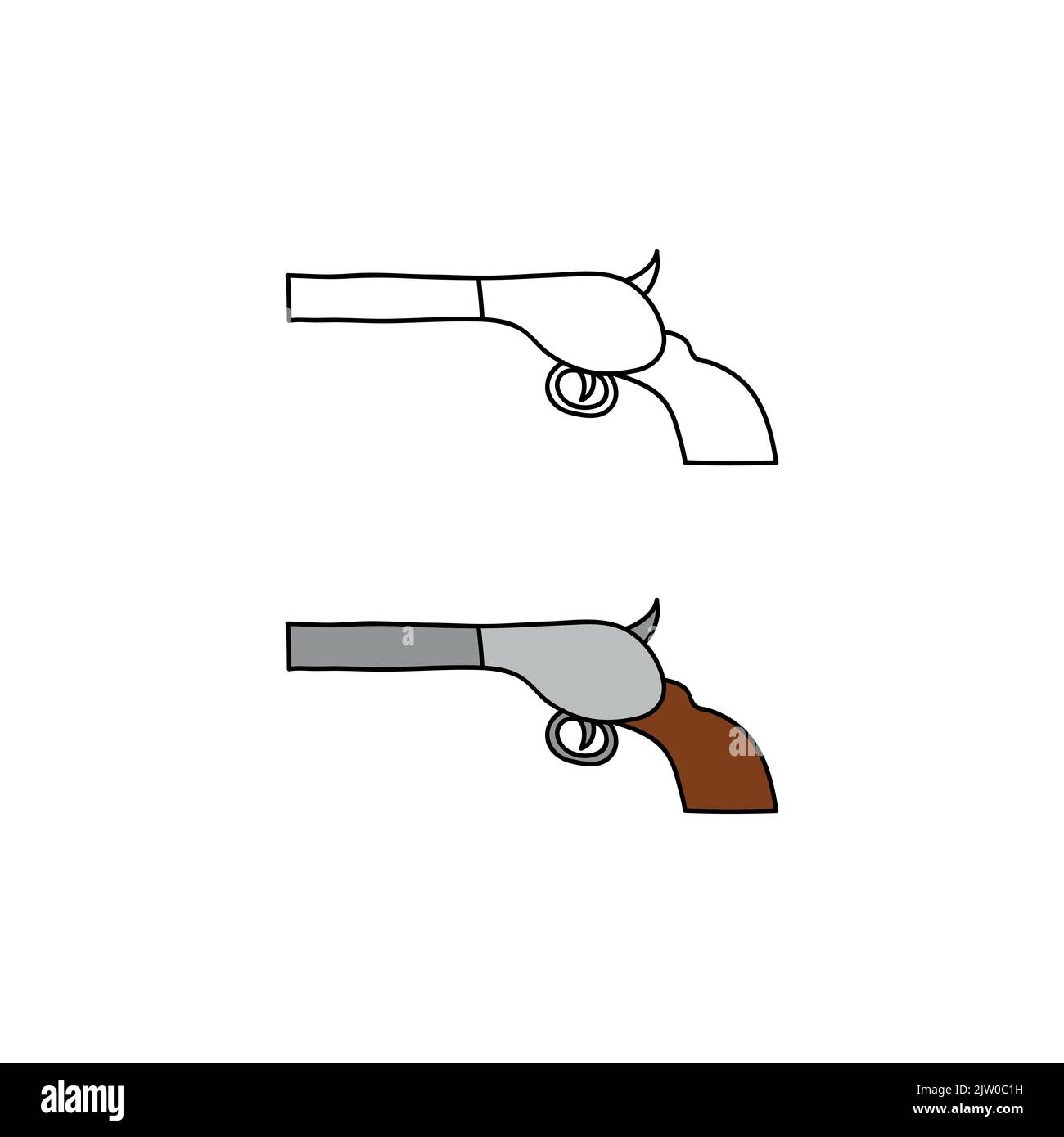 Doodle colored and outline pistol isolated on white background Stock ...