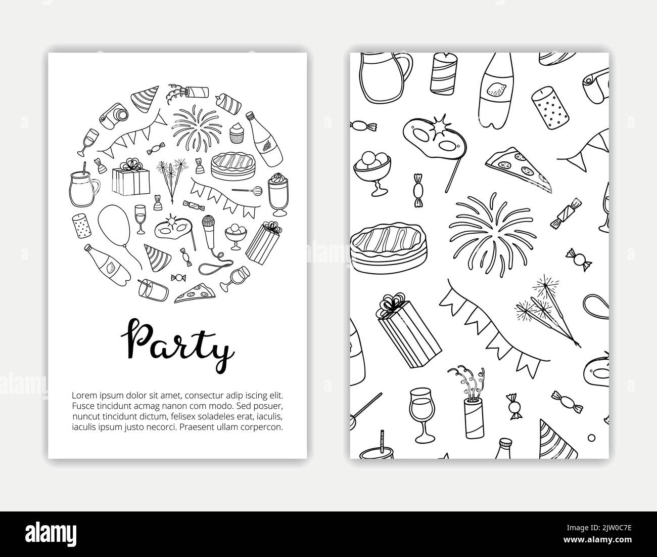 Card templates with hand drawn outline party items. Used clipping mask ...