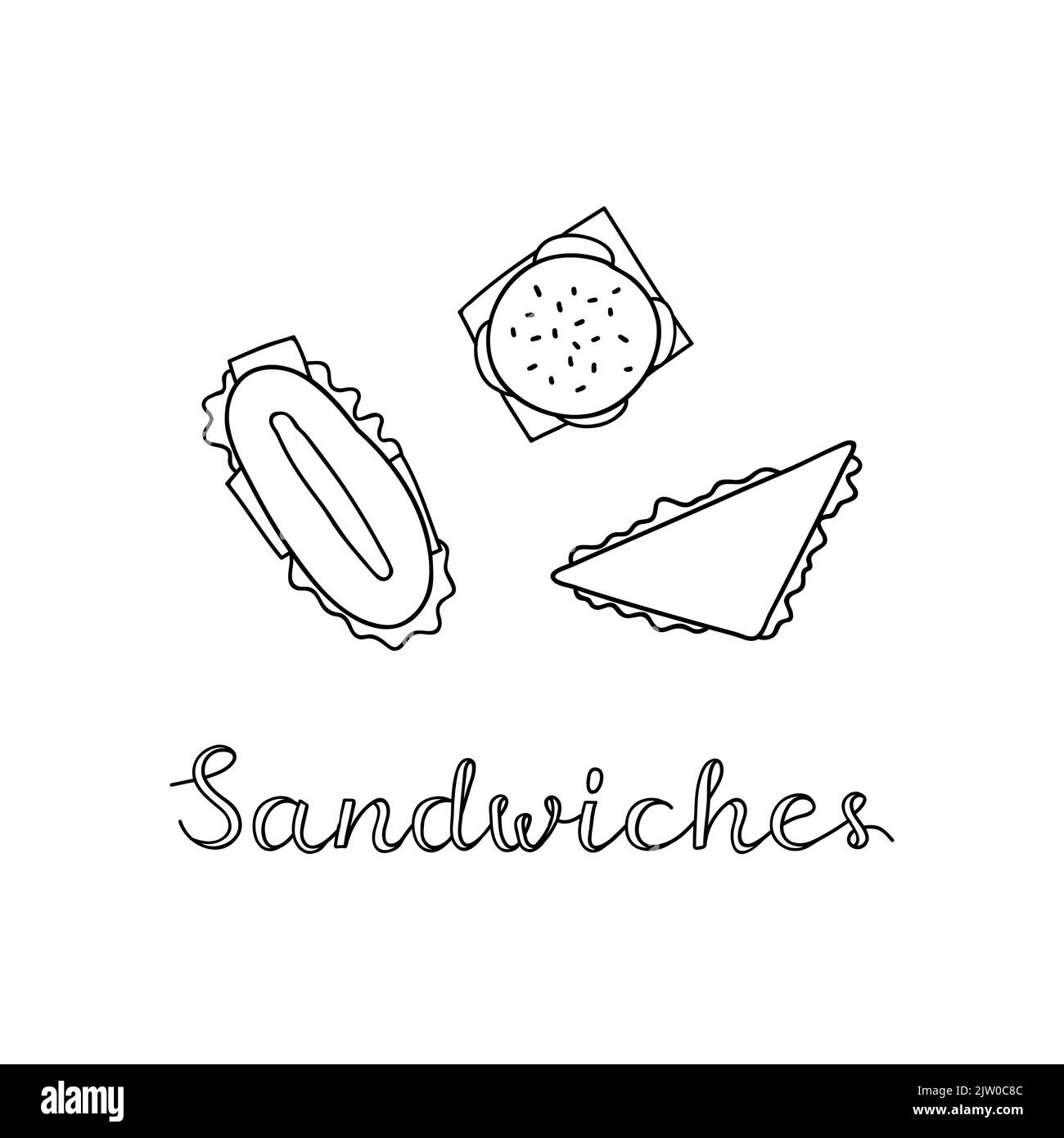 Hand drawn outline sandwiches with lettering isolated on white ...