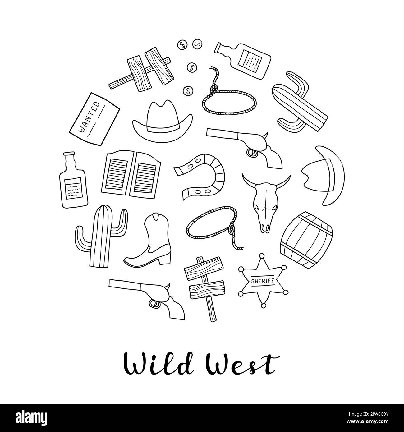 Hand drawn outline Wild West elements composed in circle shape with ...