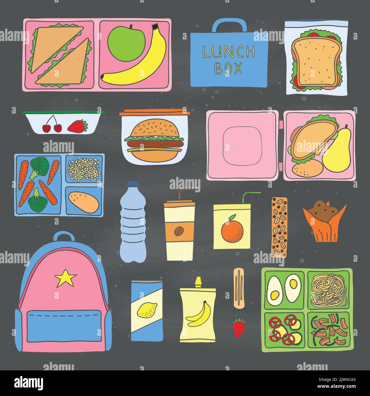 Set of hand drawn colored packed lunch boxes isolated on chalkboard ...