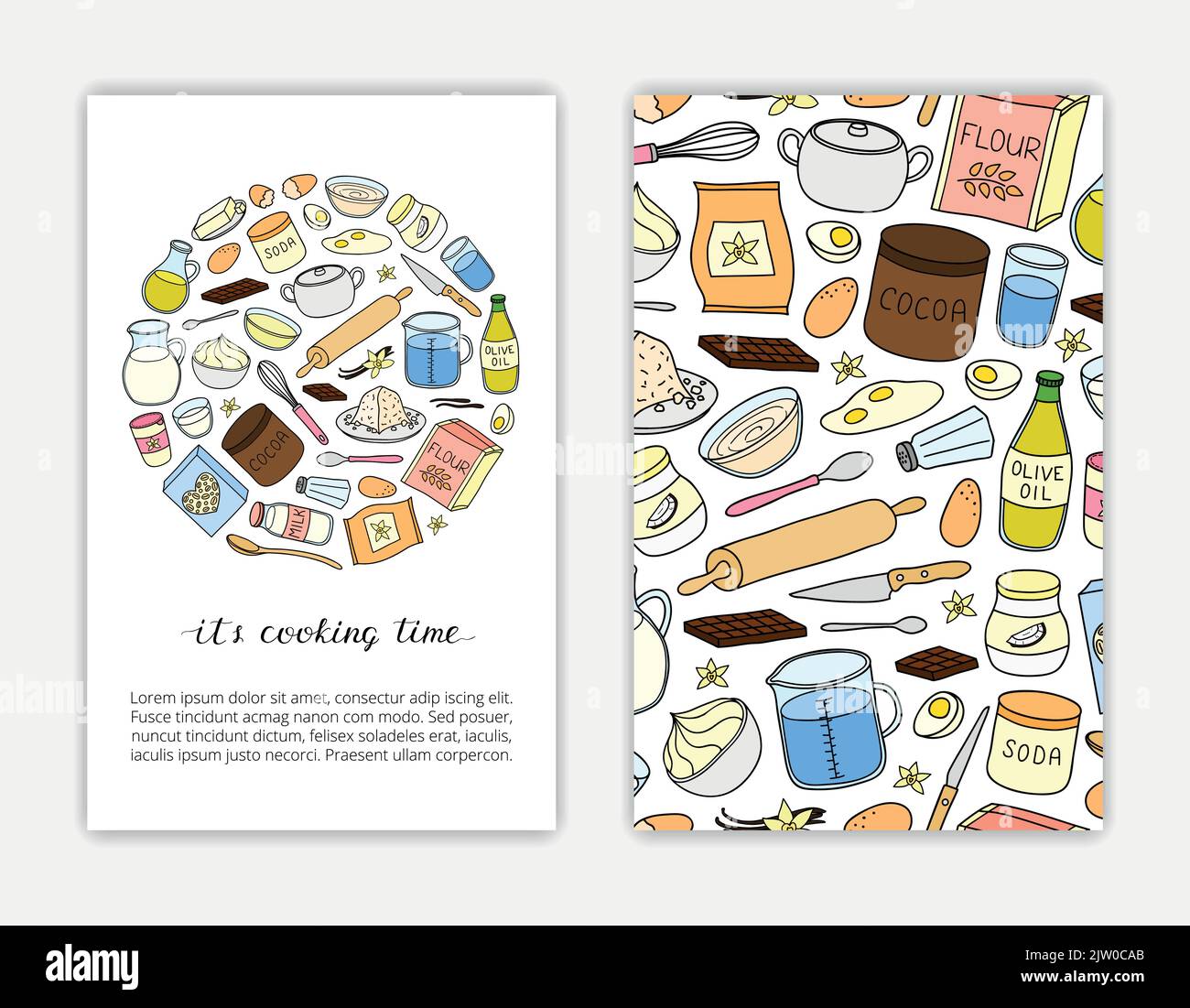 Card templates with hand drawn colored cooking ingredients. Used ...