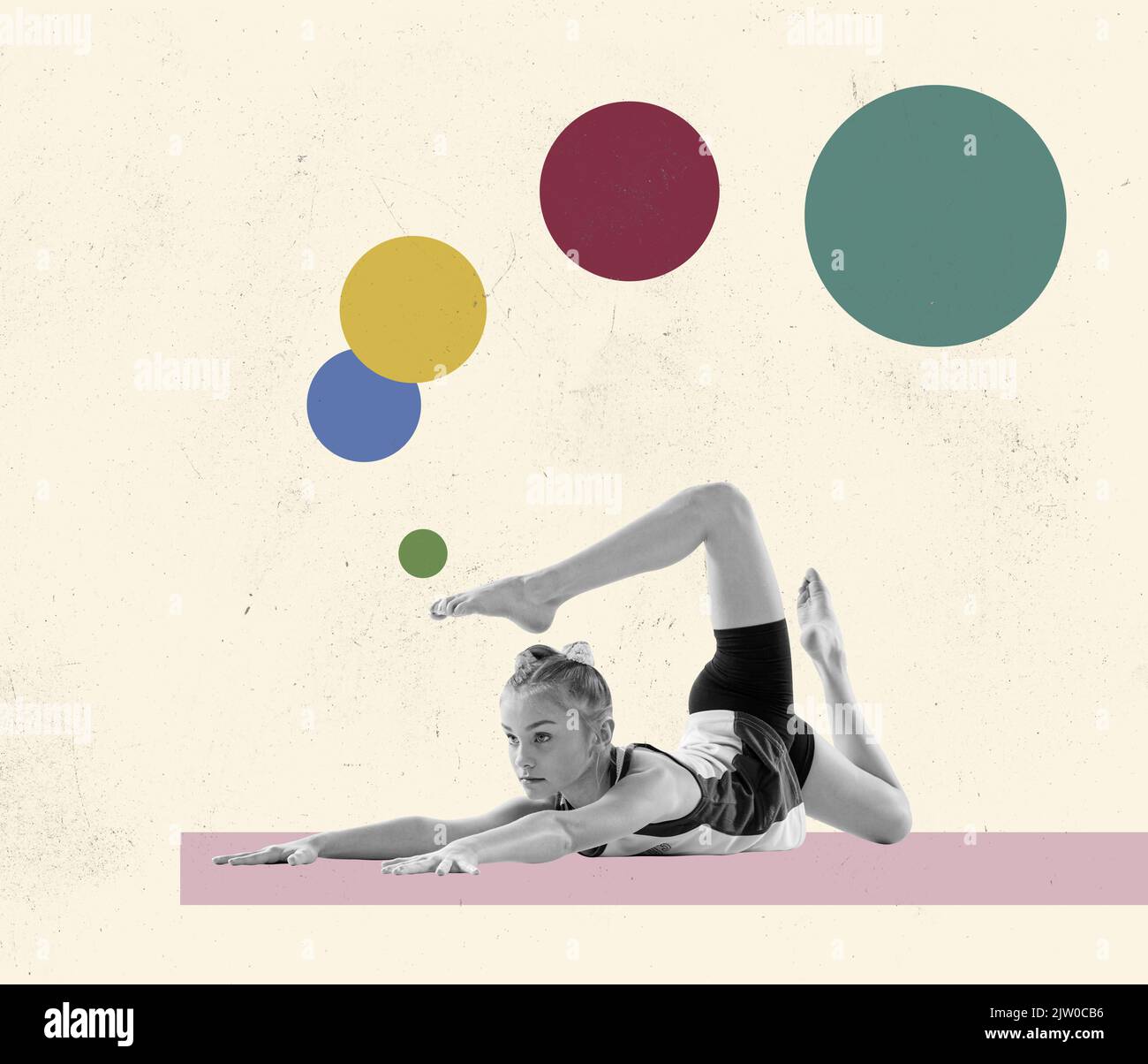 Contemporary art collage of young sportive girl doing yoga exercises ...