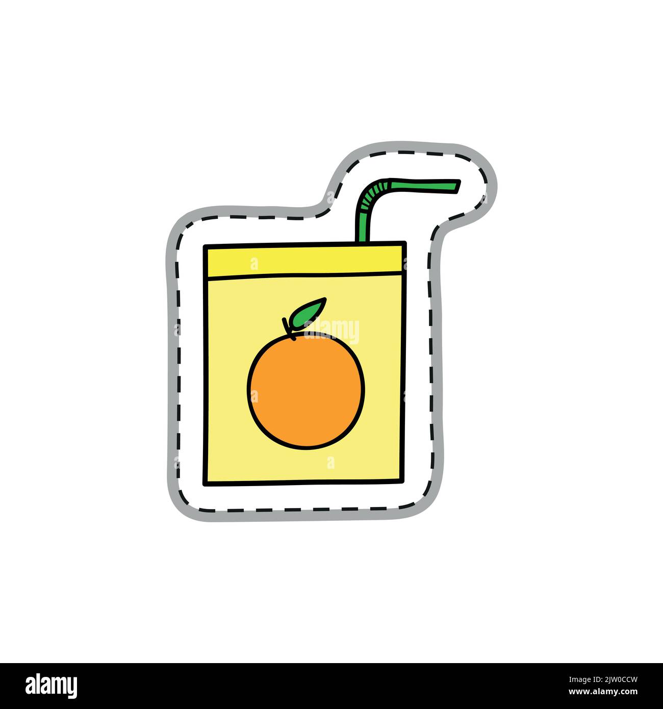 Colorful doodle sticker or patch with juice in cardboard isolated on ...