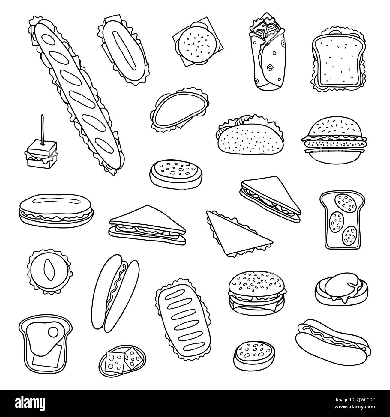 Set of different hand drawn outline sandwiches and burgers isolated on ...