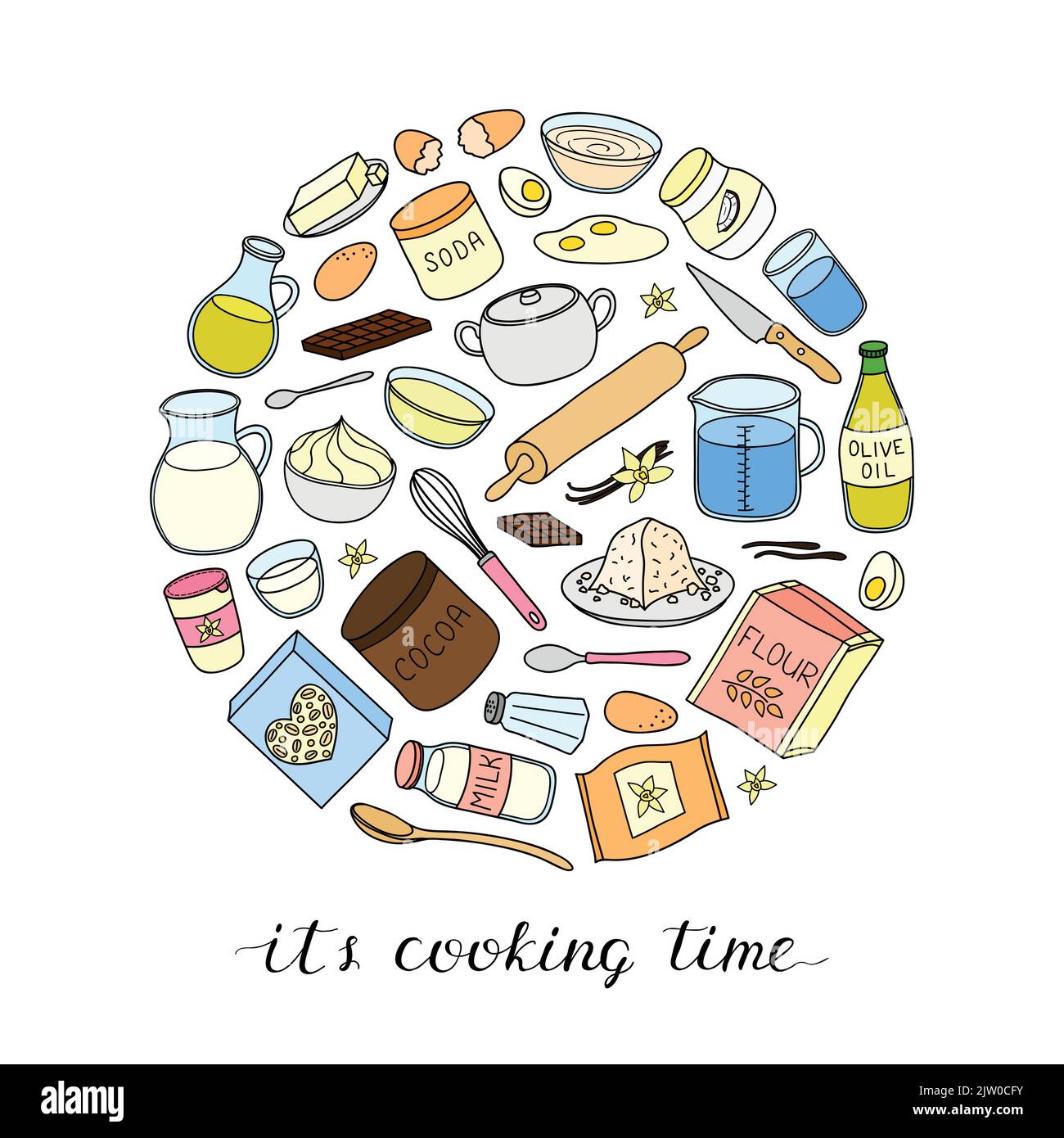 Hand drawn colored cooking, baking ingredients composed in circle shape ...