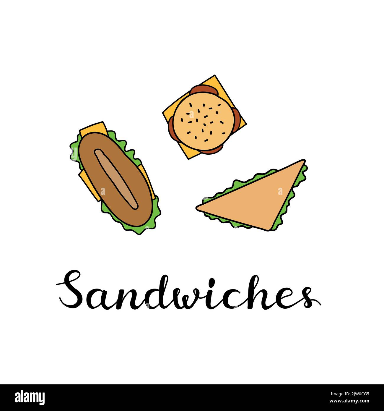 Hand drawn colored sandwiches with lettering isolated on white ...