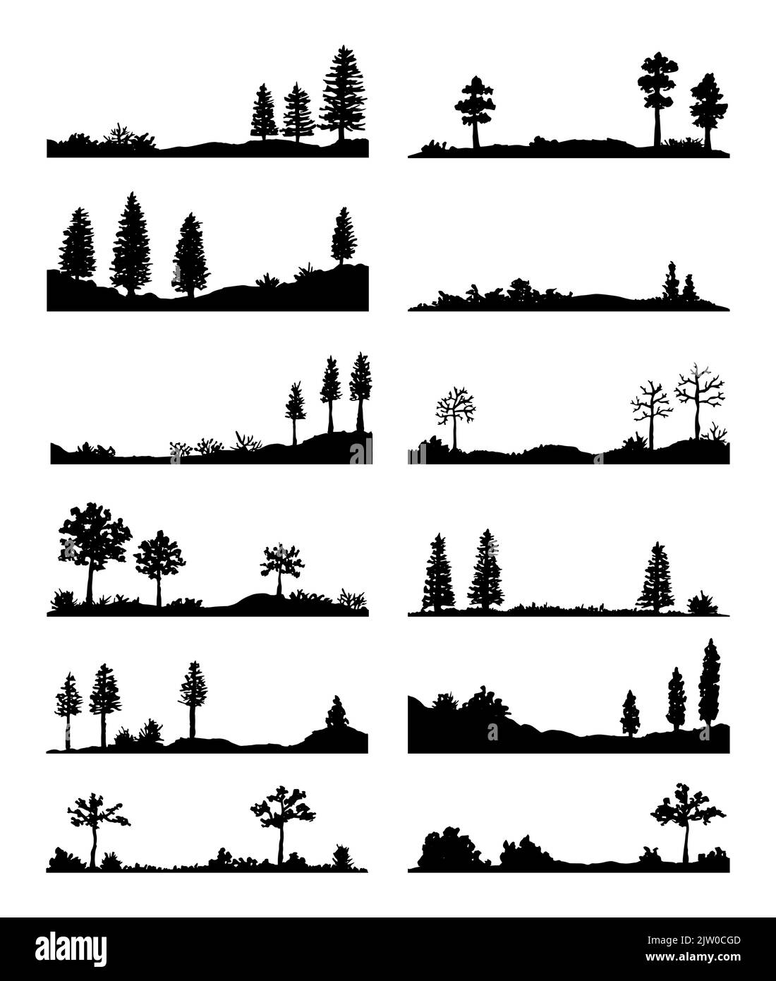 Set of hand painted forest landscape silhouettes with trees, pines and ...
