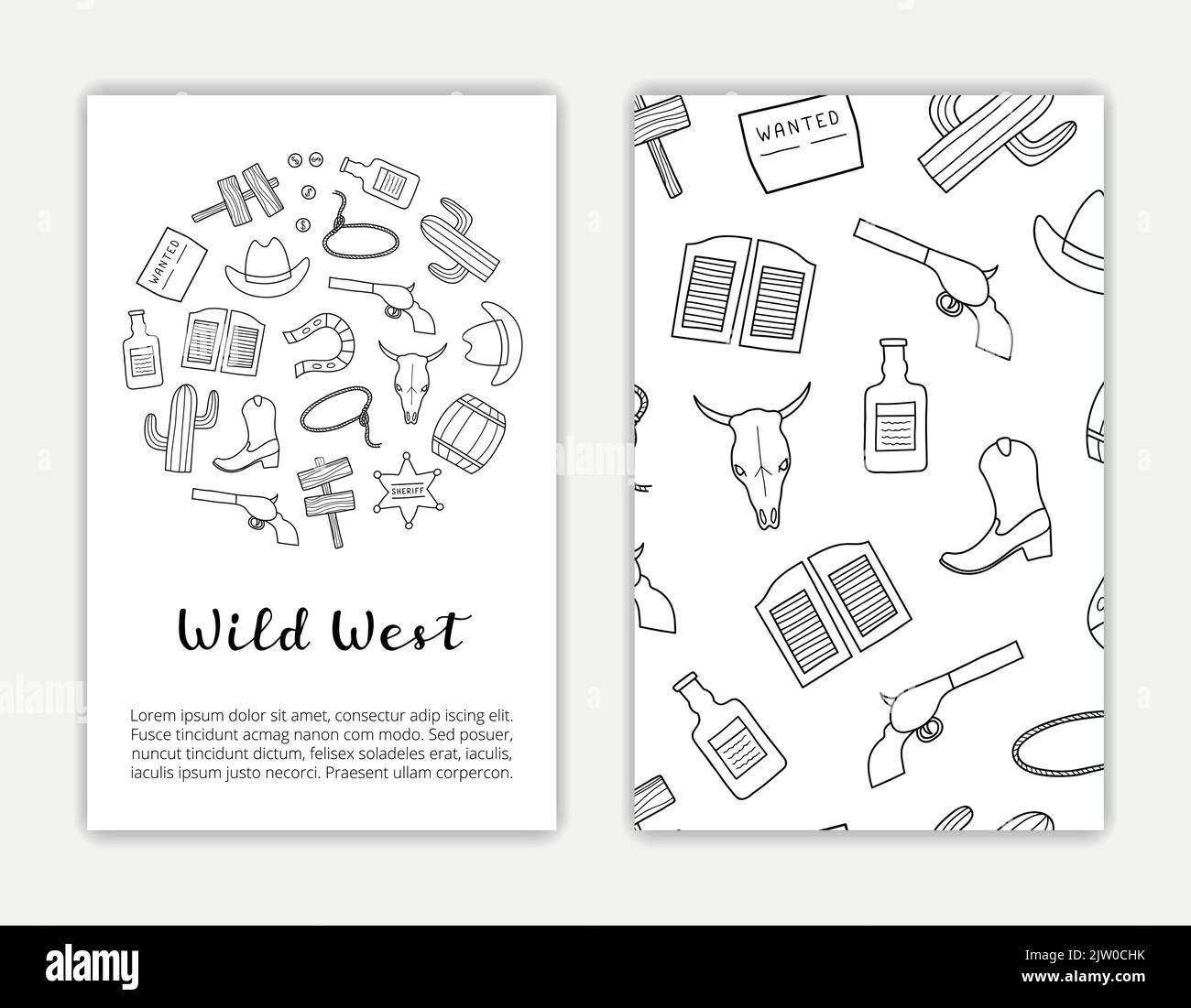 Card templates with hand drawn outline Wild West elements. Used ...