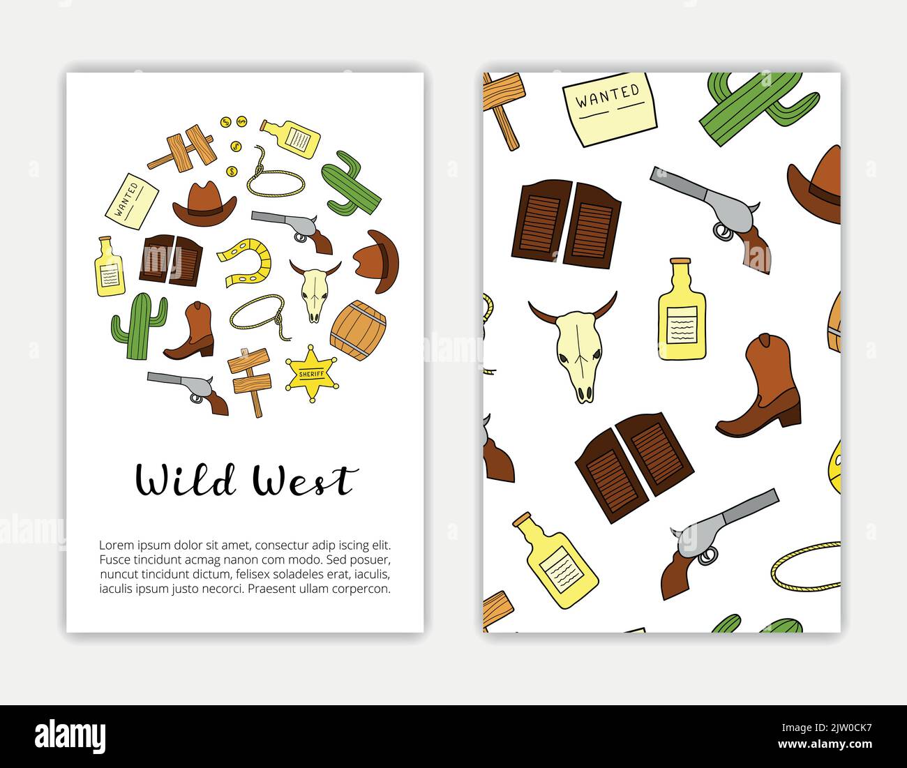 Card templates with hand drawn colored Wild West elements. Used ...