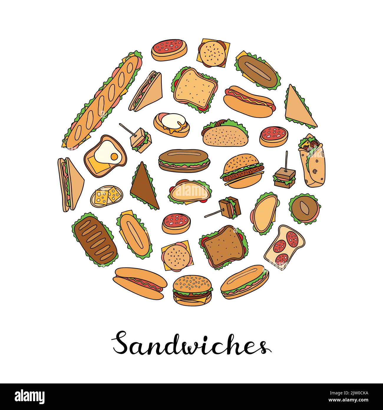 Different hand drawn colored sandwiches and burgers composed in circle ...