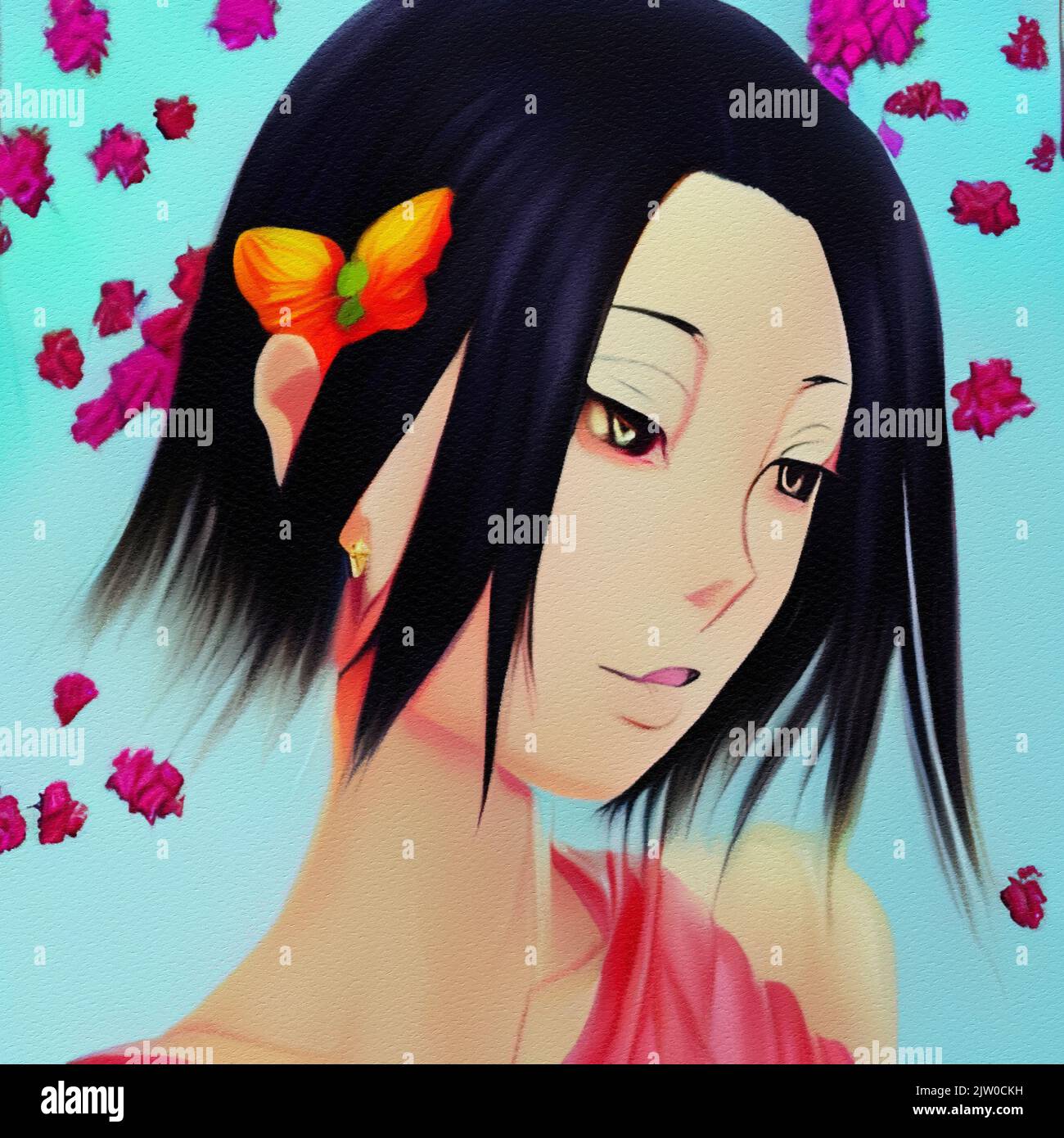 Pretty anime girl portrait. Beautiful woman oil painting print. Fantasy ...