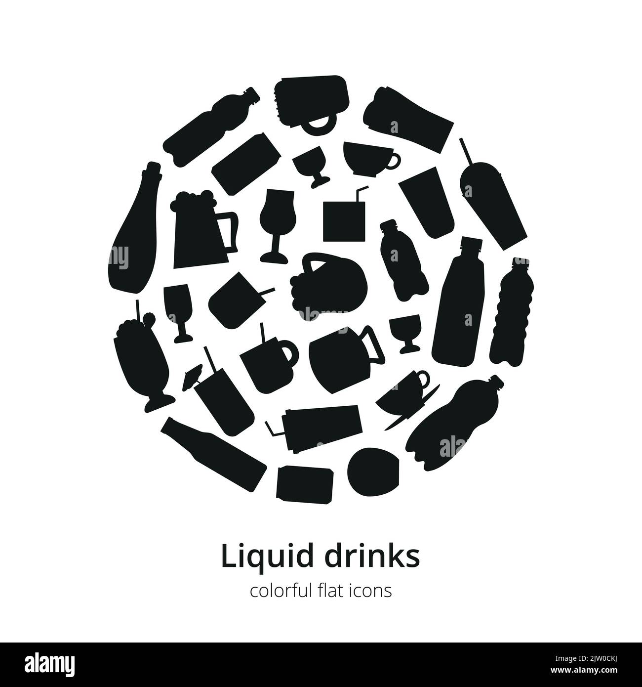 Different flat black liquid drinks composed in circle shape with text ...