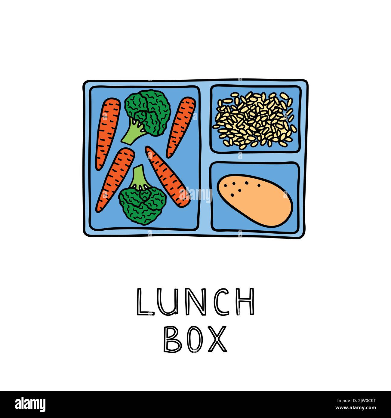 Hand drawn colored lunch box with vegetarian food including rice ...