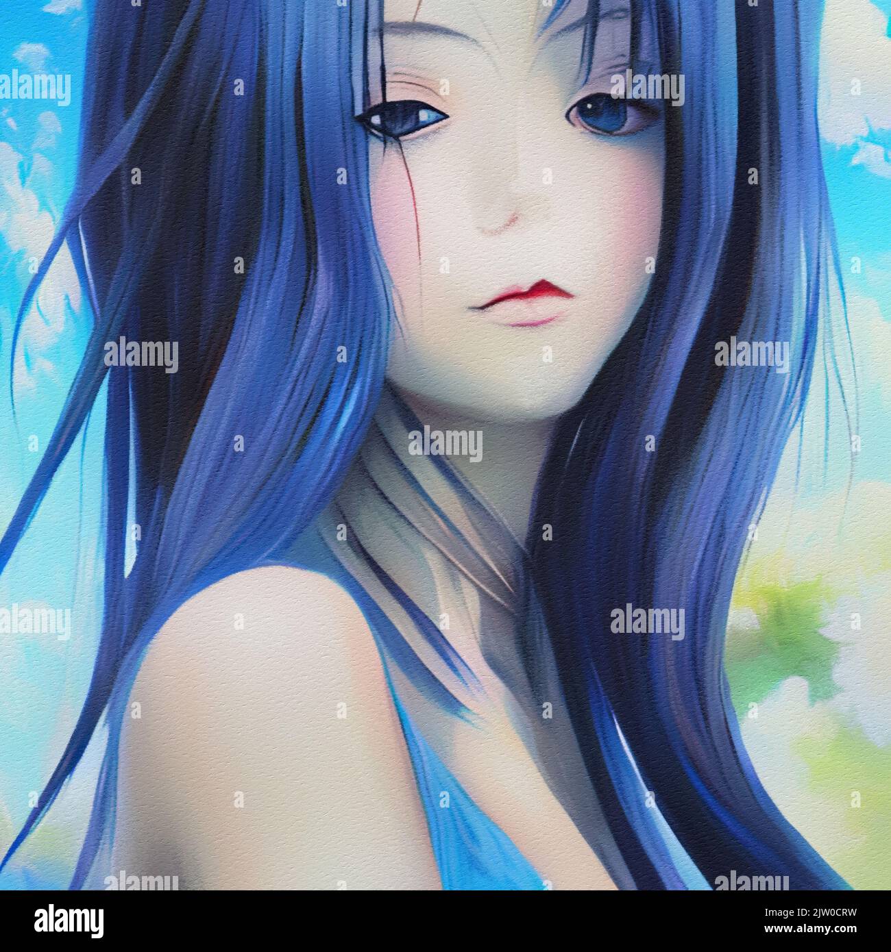 Pretty anime girl portrait. Beautiful woman oil painting print. Fantasy ...
