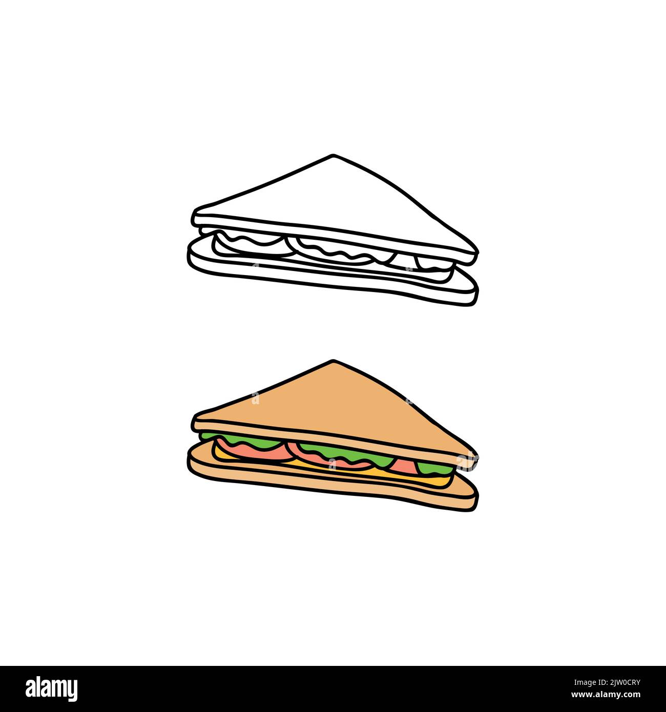 Hand drawn colored and outline triangle sandwich isolated on white ...
