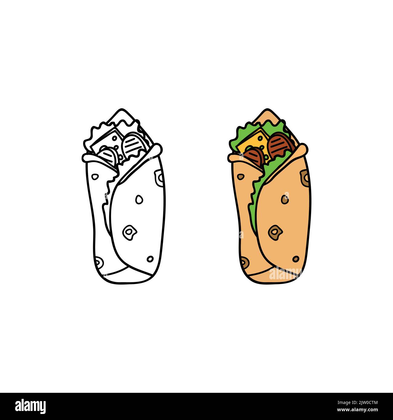 Hand drawn colored and outline burrito isolated on white background ...