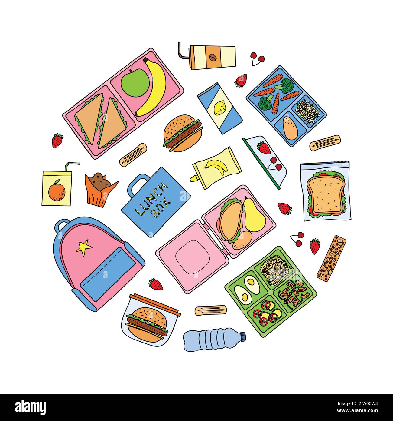 Hand drawn colored packed lunch boxes composed in circle shape Stock ...