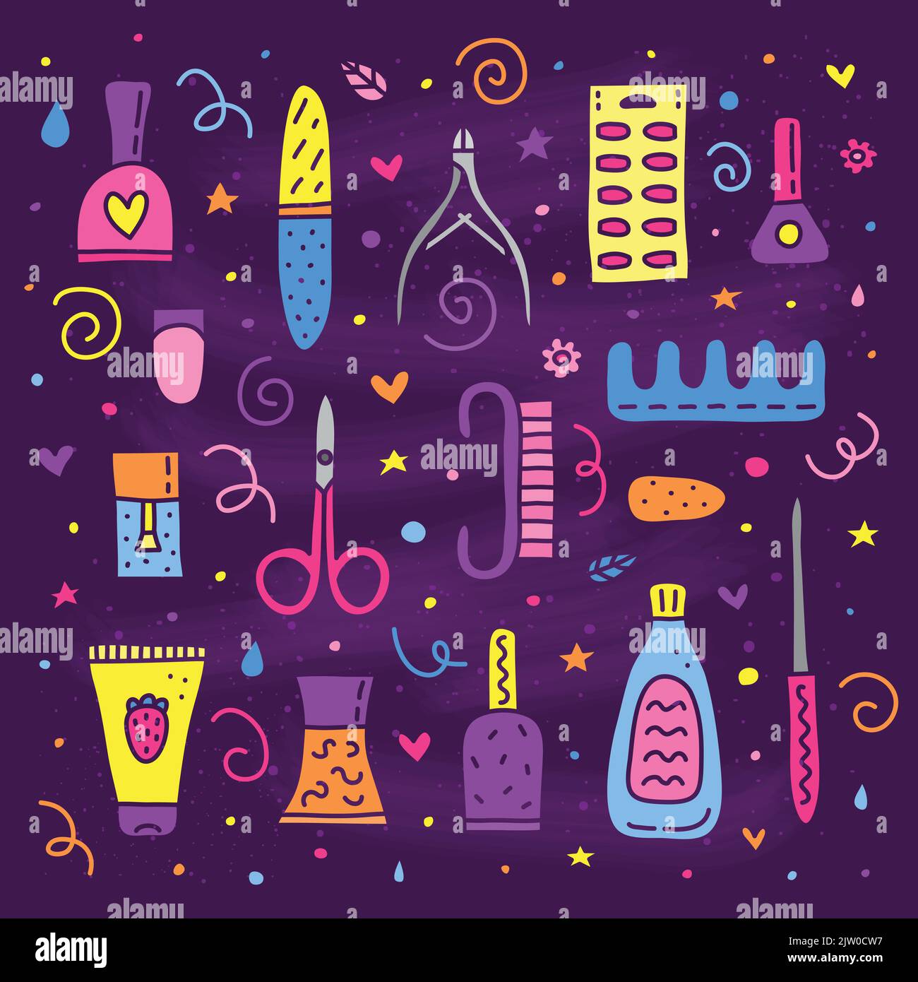 Set of different colorful doodle icons for nail salon isolated on white ...