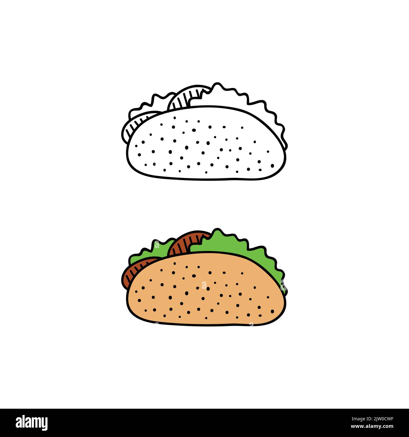 Hand drawn colored and outline taco isolated on white background Stock ...