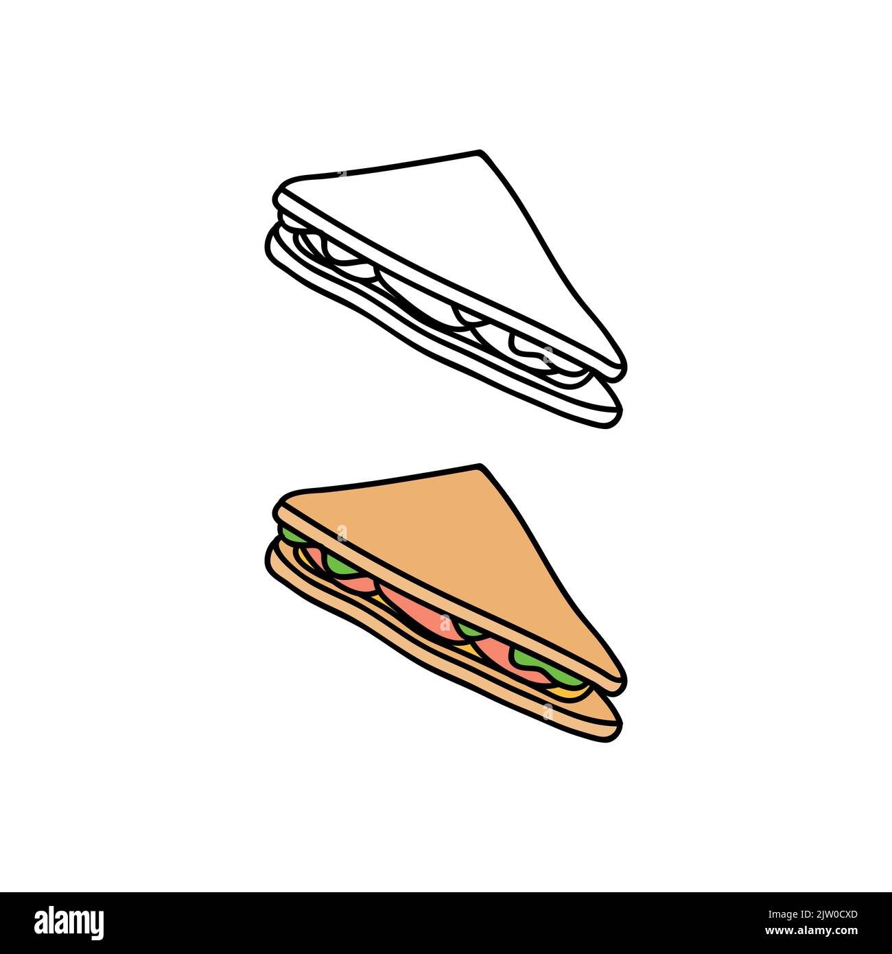 Hand drawn colored and outline triangle sandwich isolated on white ...