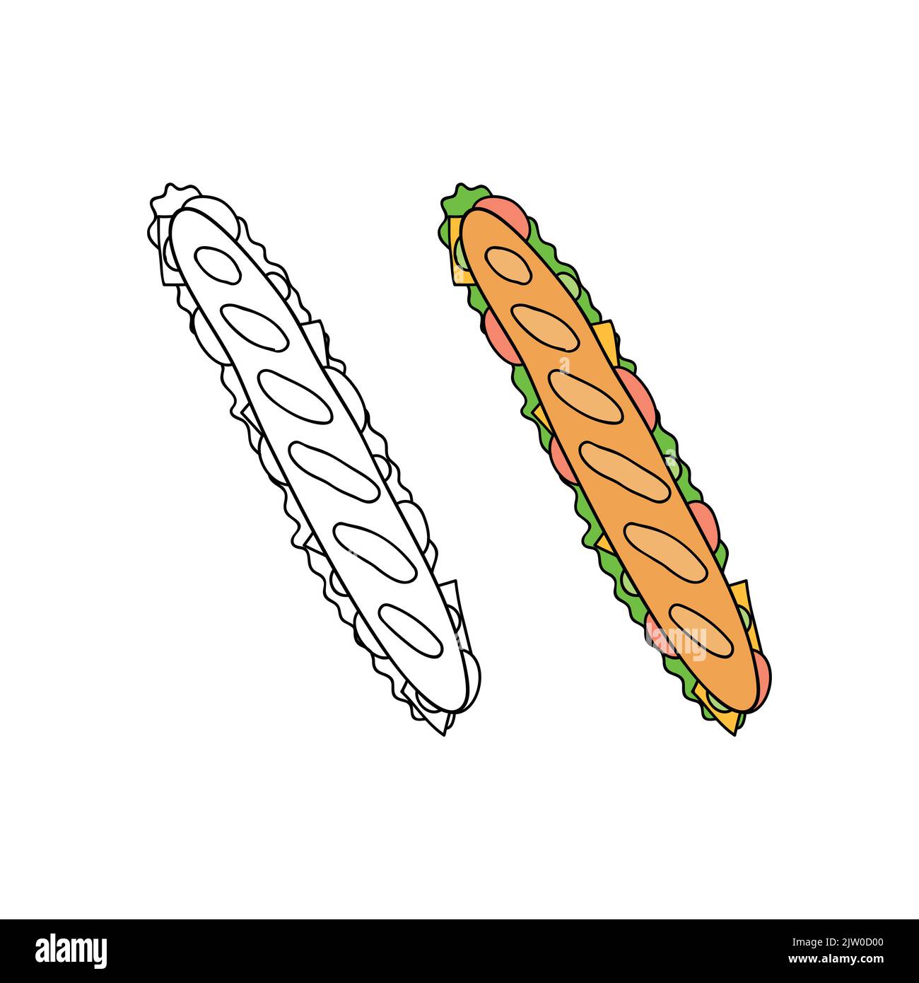 Hand drawn colored and outline long sandwich isolated on white ...