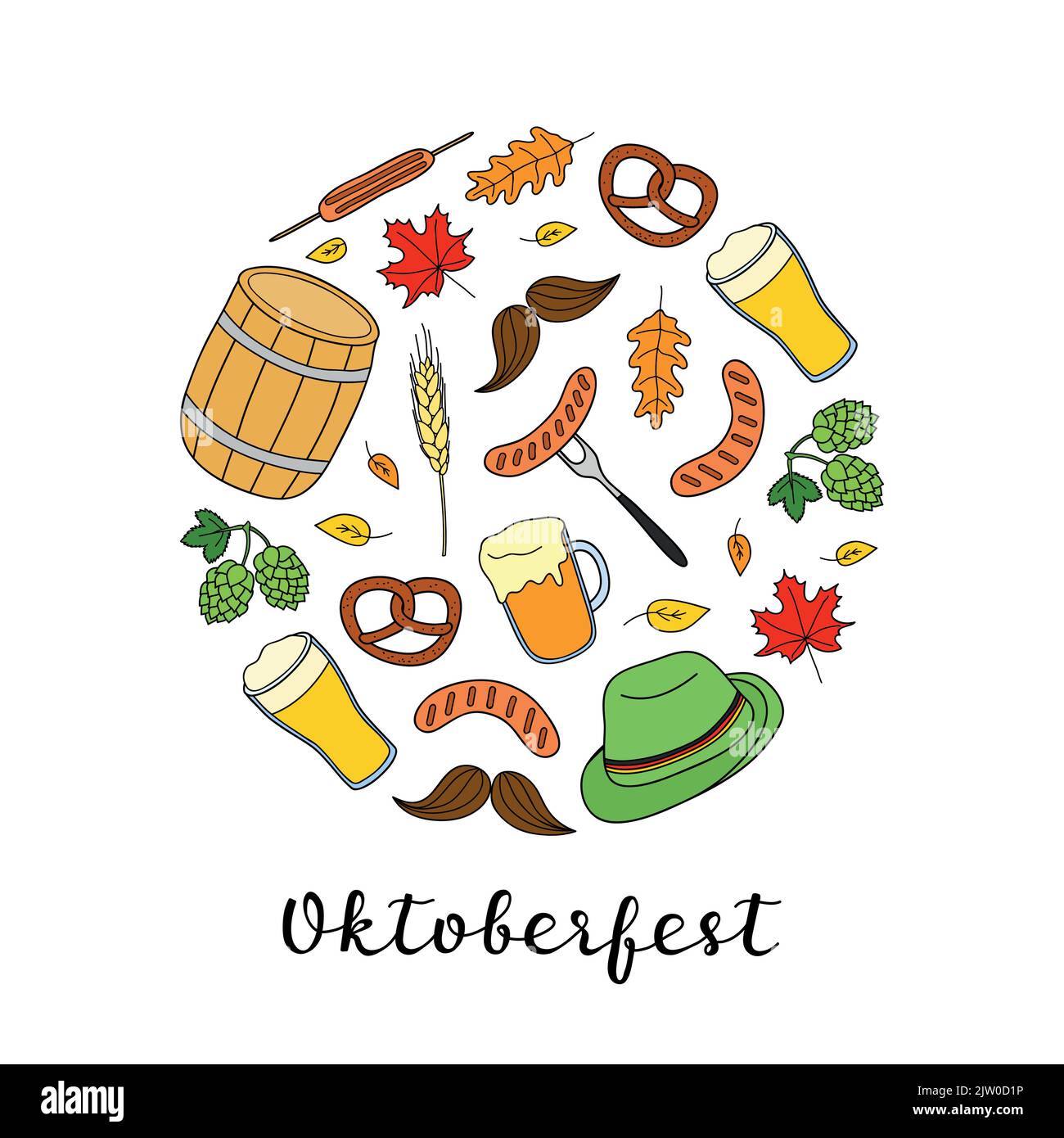 Hand drawn colored Oktoberfest icons composed in circle shape with ...