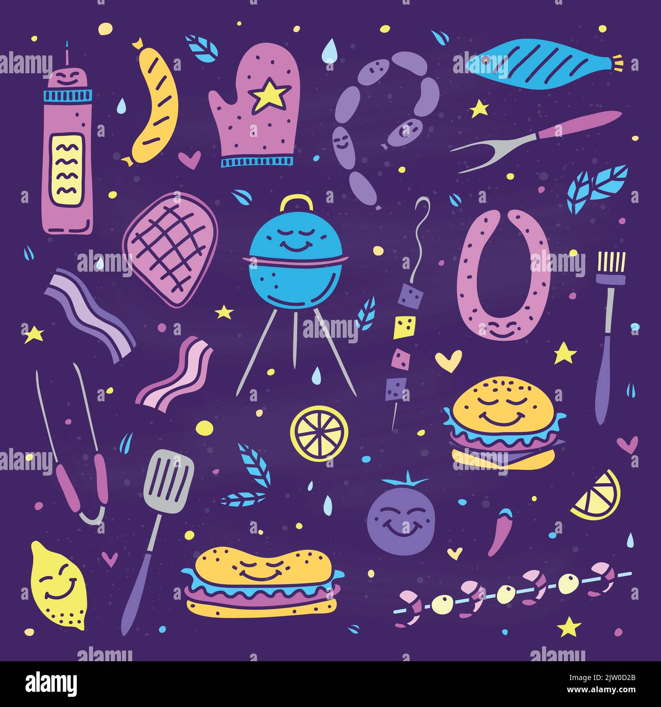 Cute doodle set of colored barbecue icons isolated on violet background ...