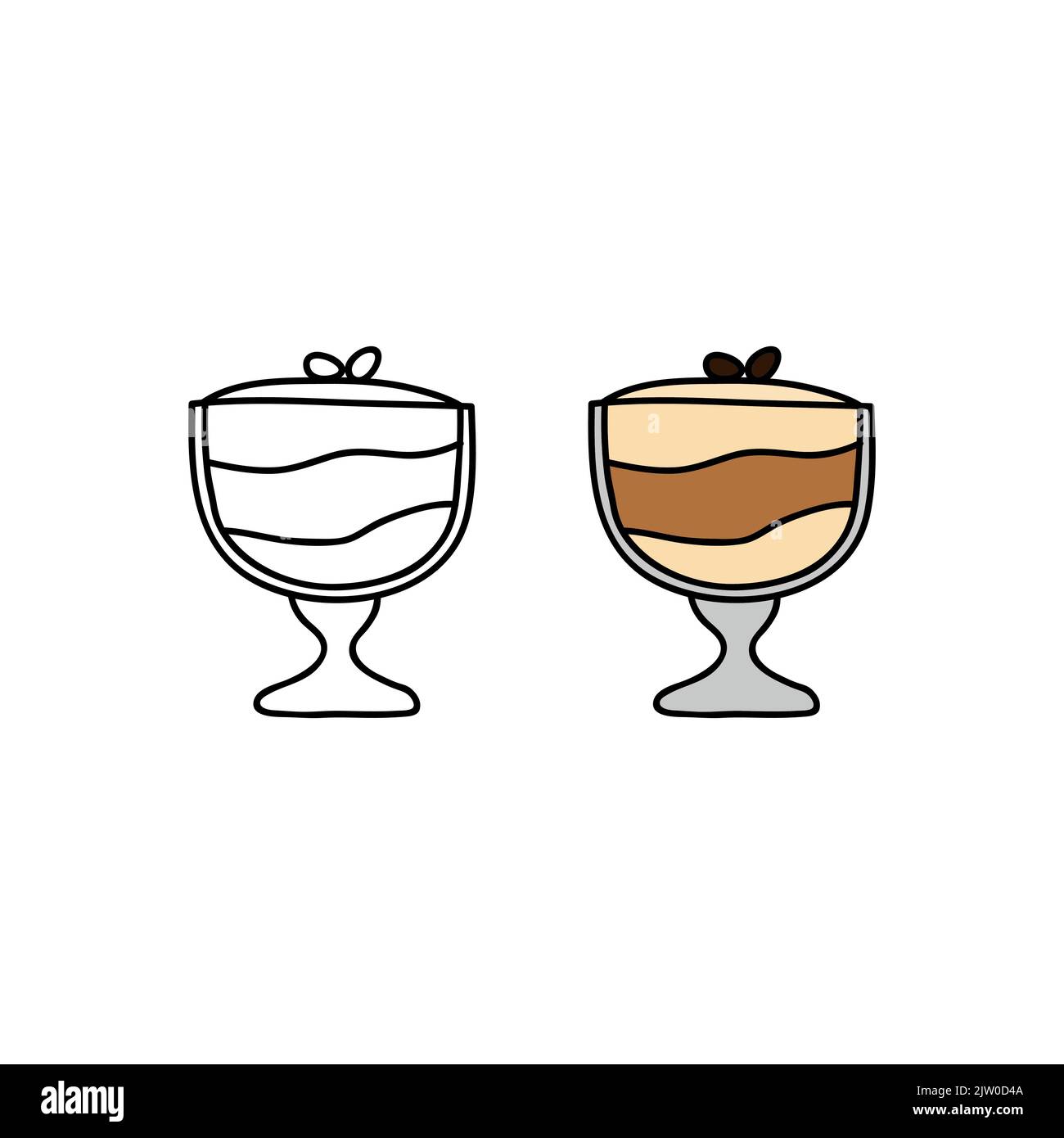 Doodle colored and outline tiramisu or coffee pudding isolated on white ...