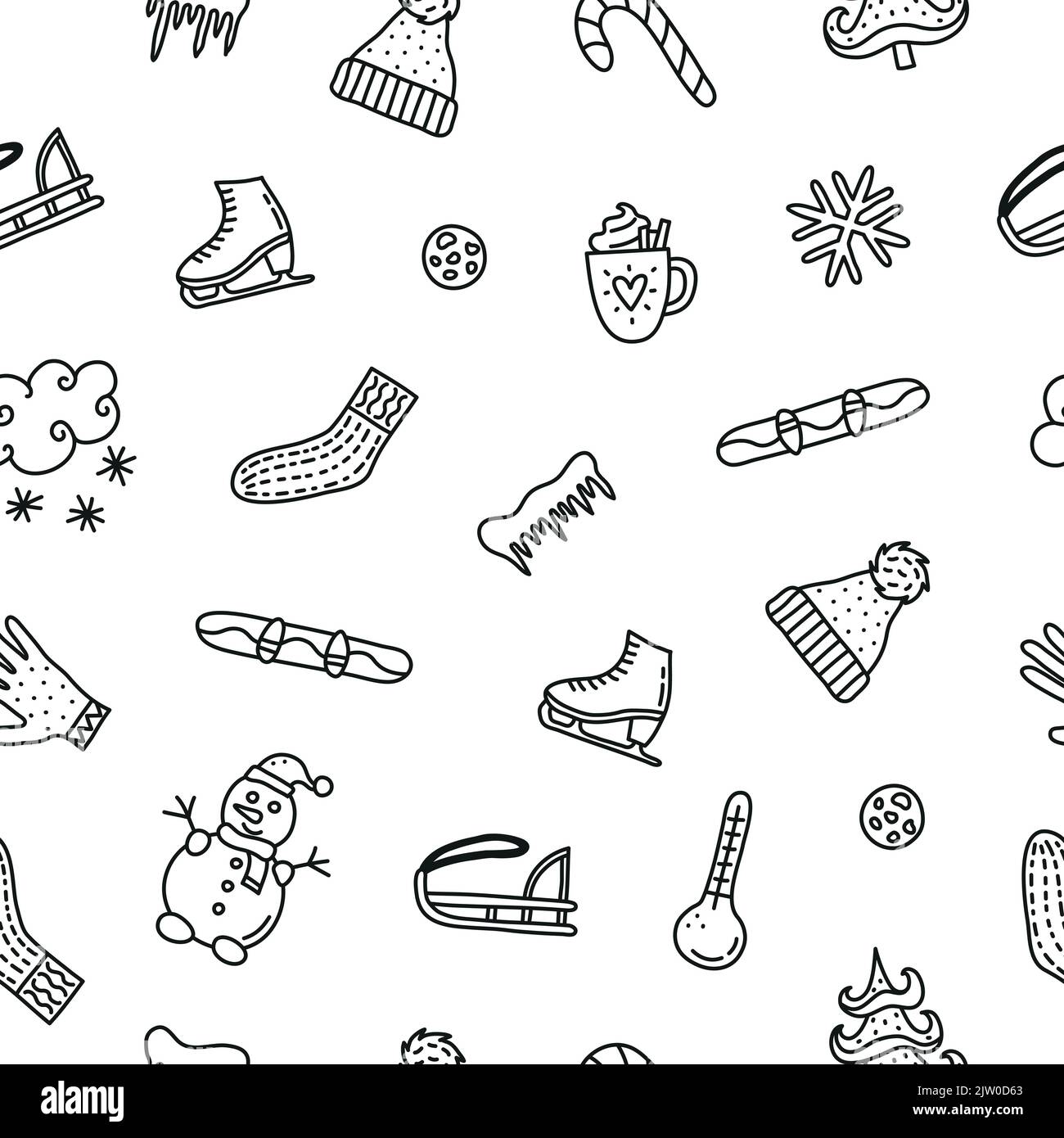 Black and white seamless pattern with cute doodle outline winter icons ...