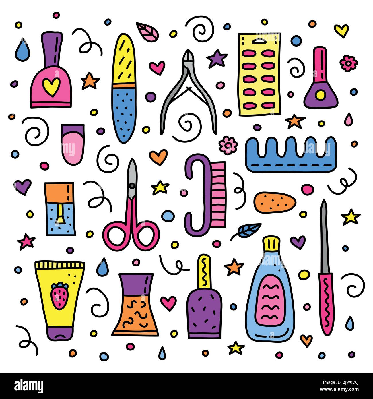 Set of different colorful doodle icons for nail salon isolated on white ...