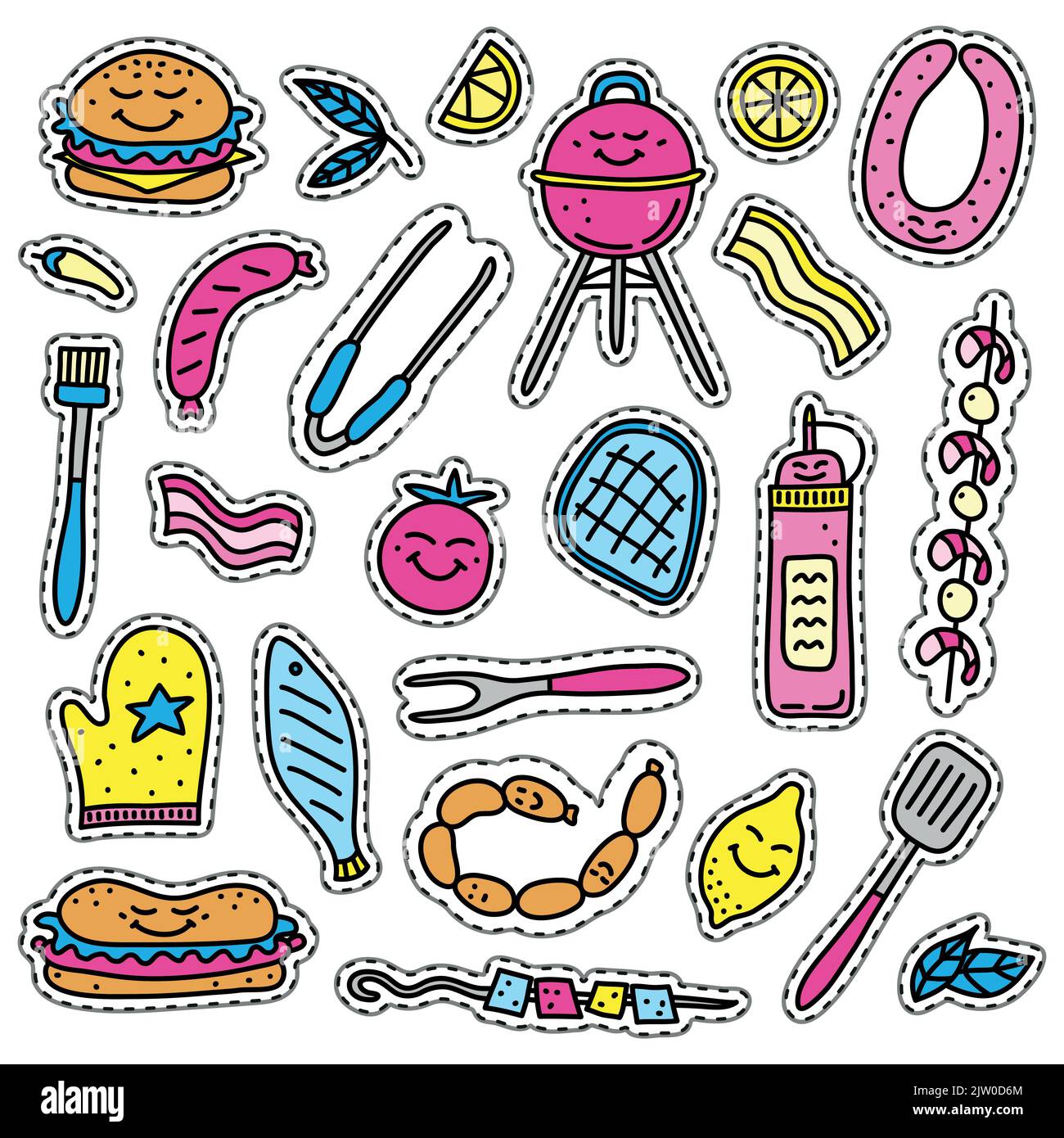 Cute doodle stickers with colored barbecue foods isolated on white ...