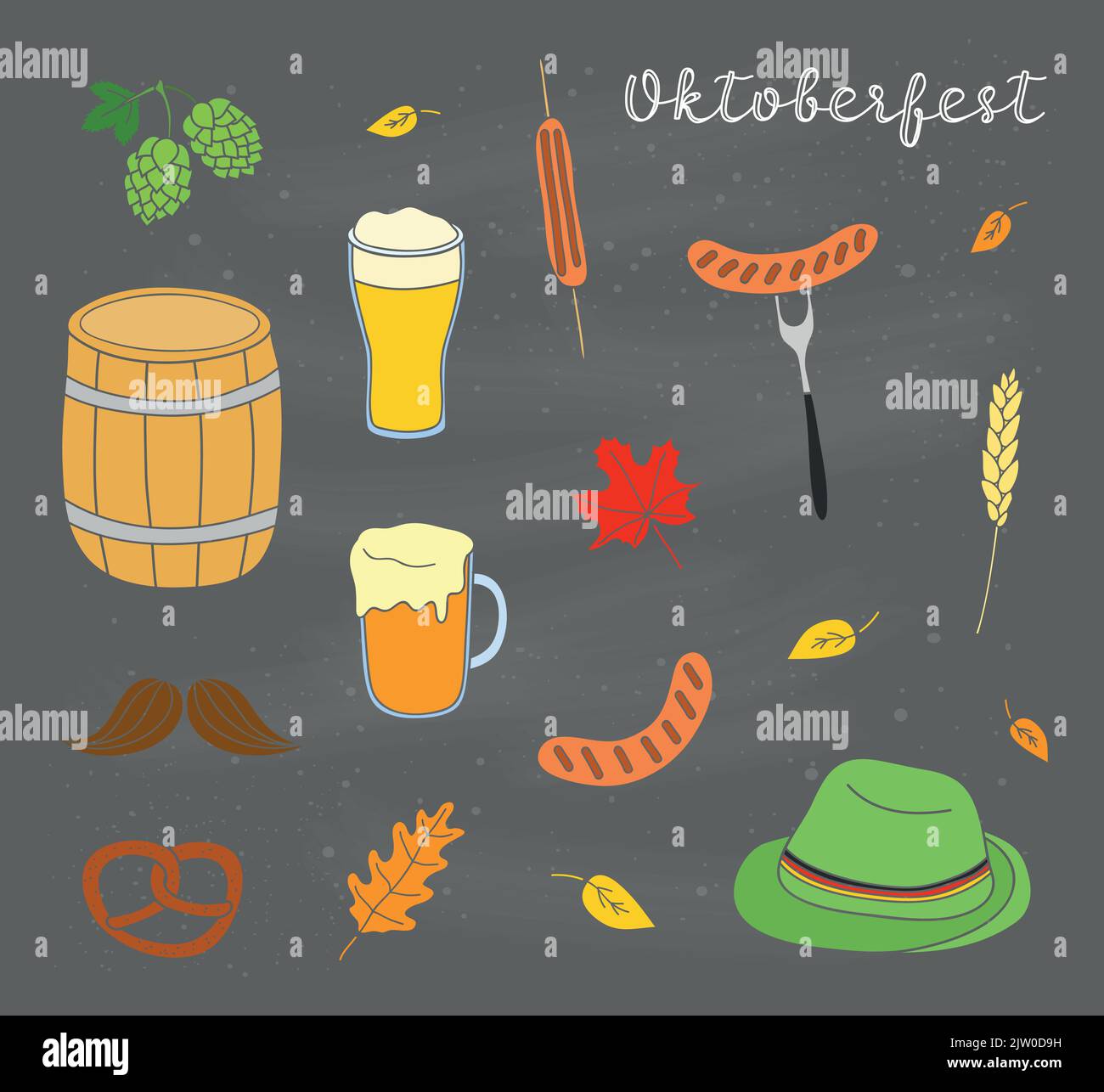 Set of hand drawn colored Oktoberfest icons isolated on chalkboard ...