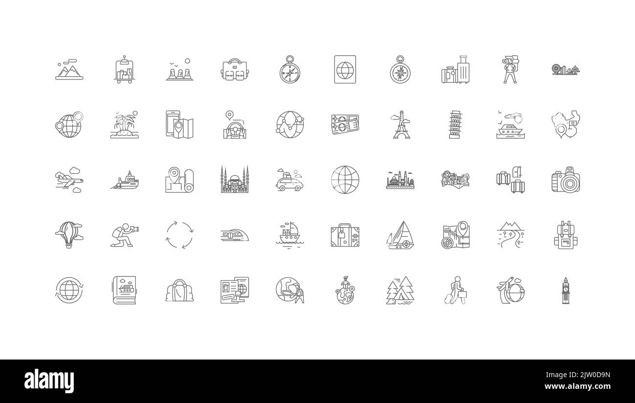 World travel concept illustration, linear icons, line signs set, vector ...