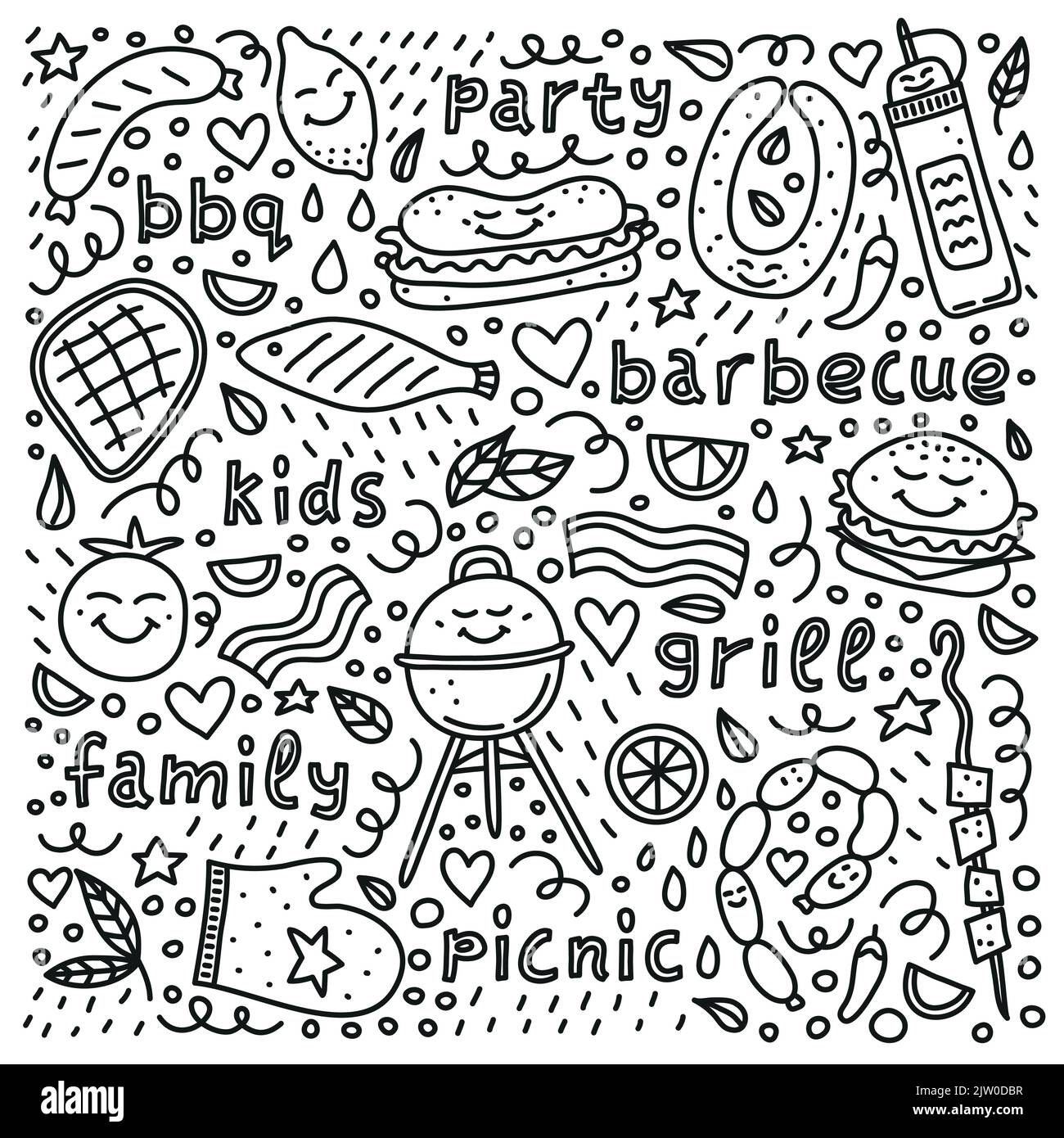 Poster with lettering and cute doodle outline barbecue, picnic icons ...