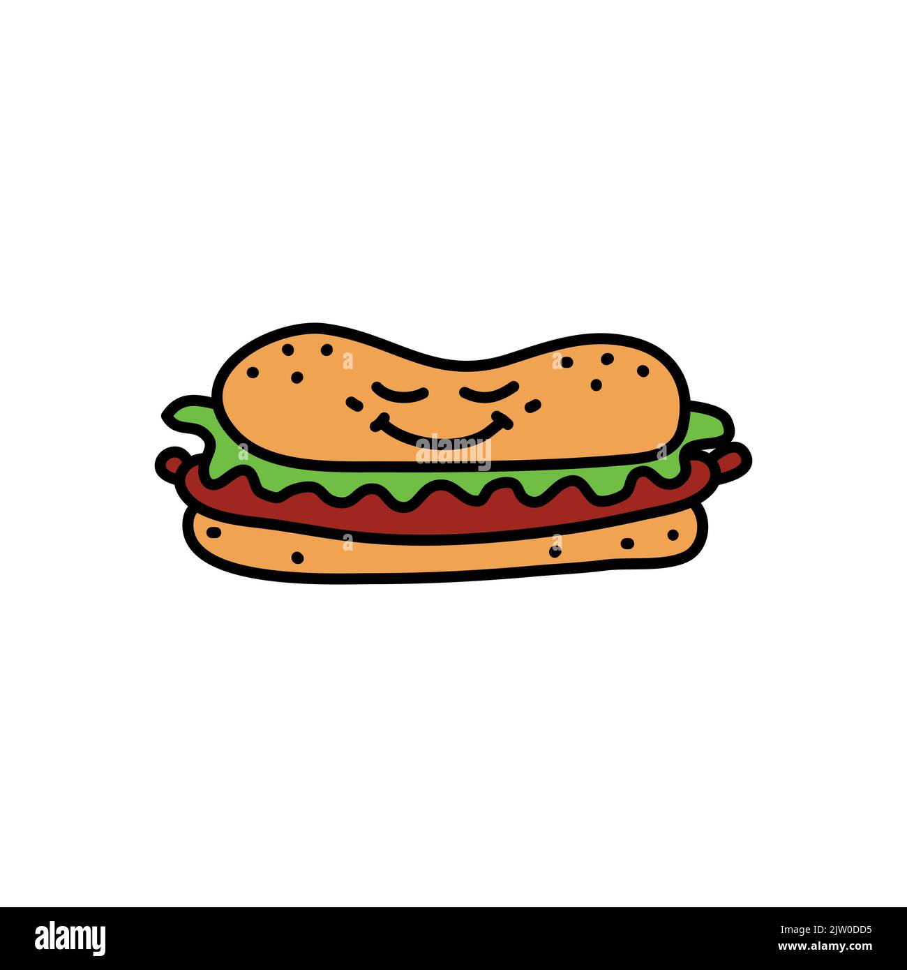 Cute doodle burger with smiling face isolated on white background ...
