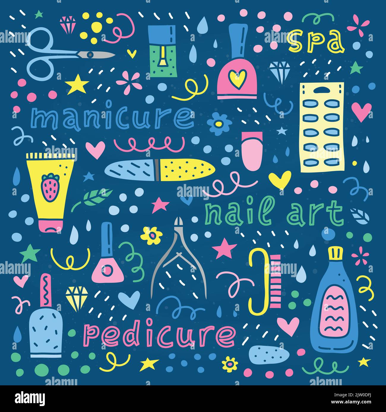Poster with lettering and different colorful doodle icons for nail ...