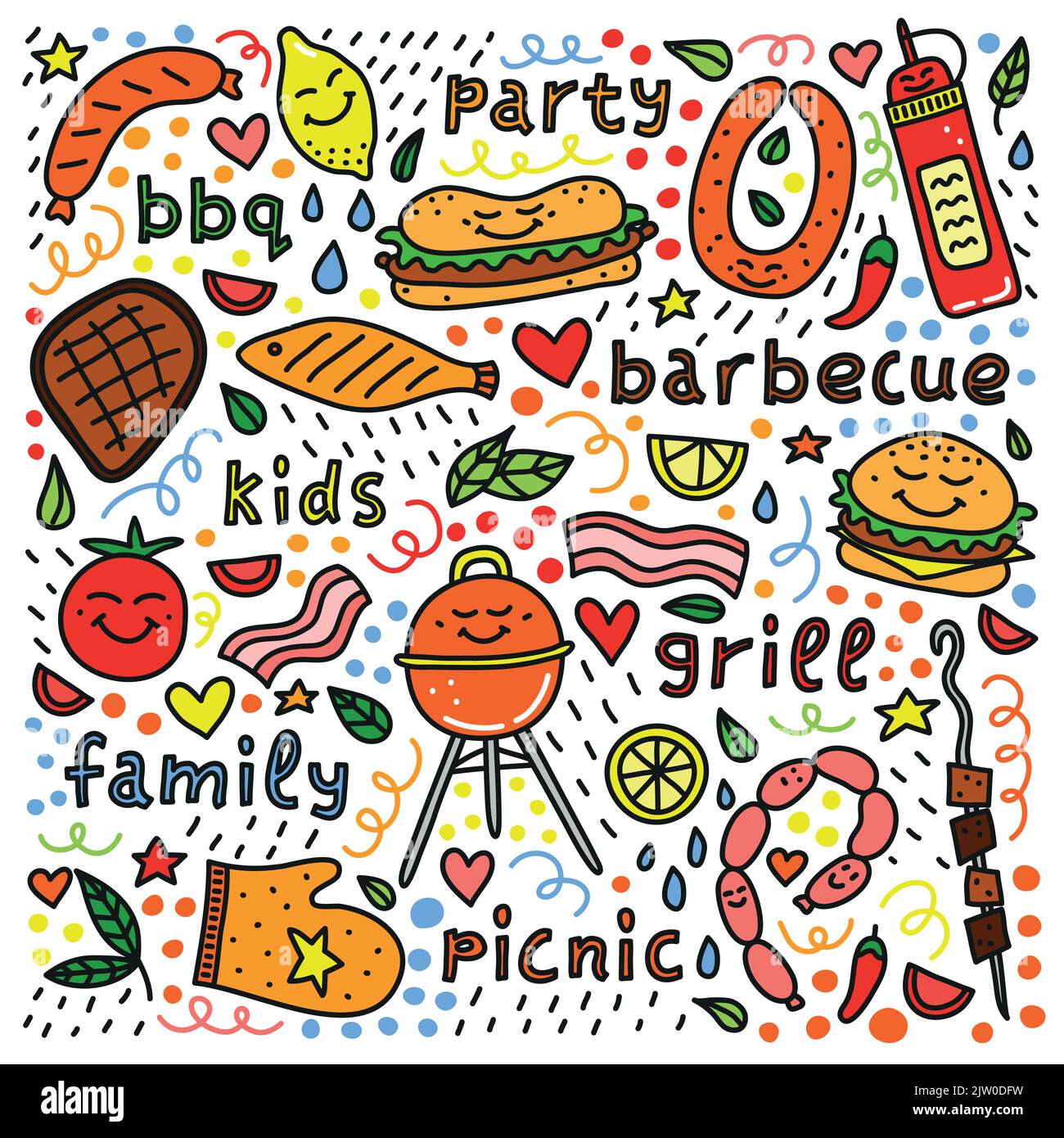 Poster with lettering and cute doodle colored barbecue, picnic icons ...