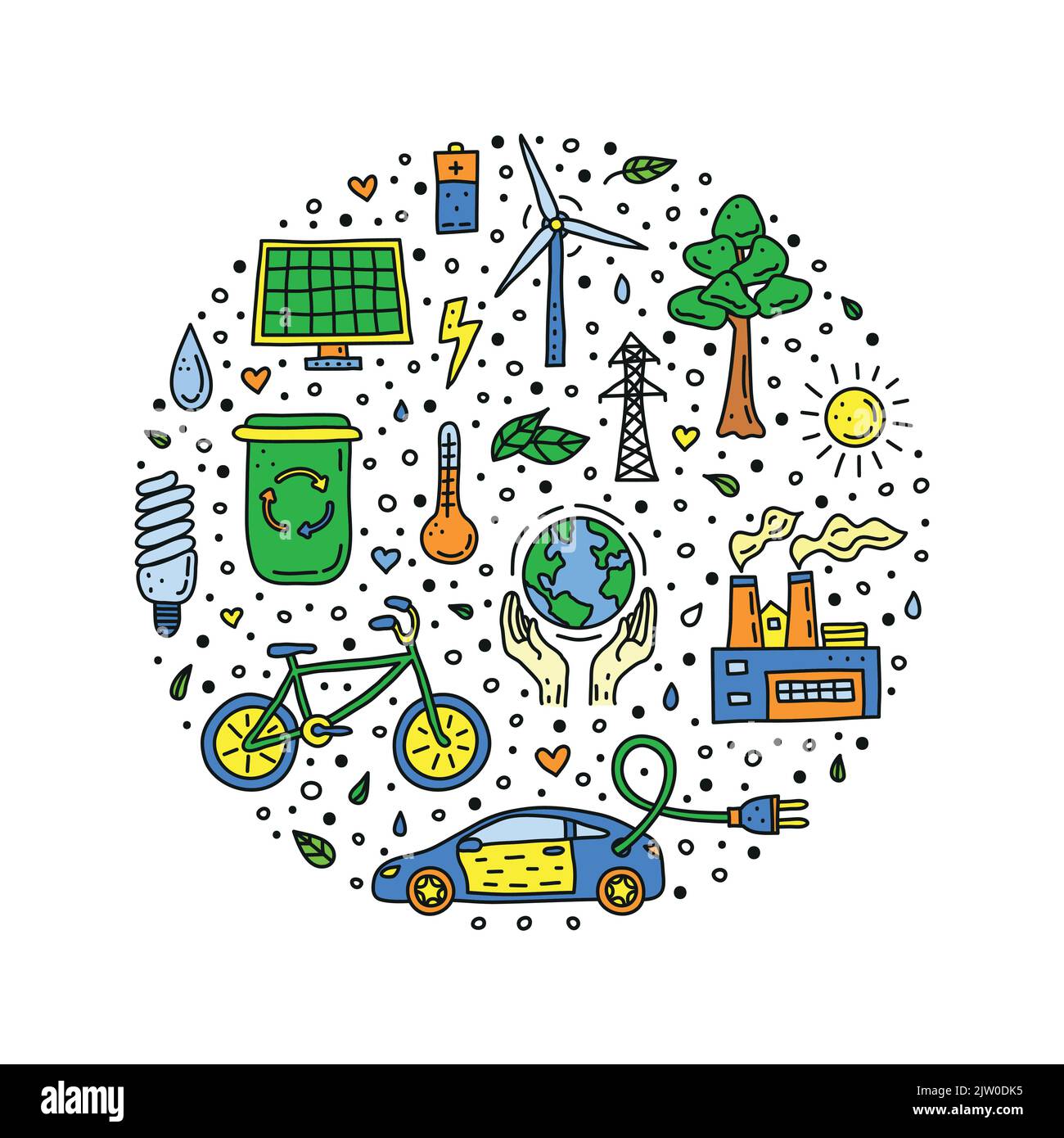 Doodle colored ecology and environment icons composed in circle shape on white background Stock ...