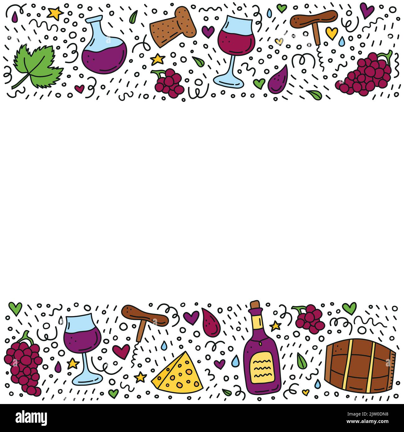 Poster with doodle colored wine icons, lines, dots, symbols around ...