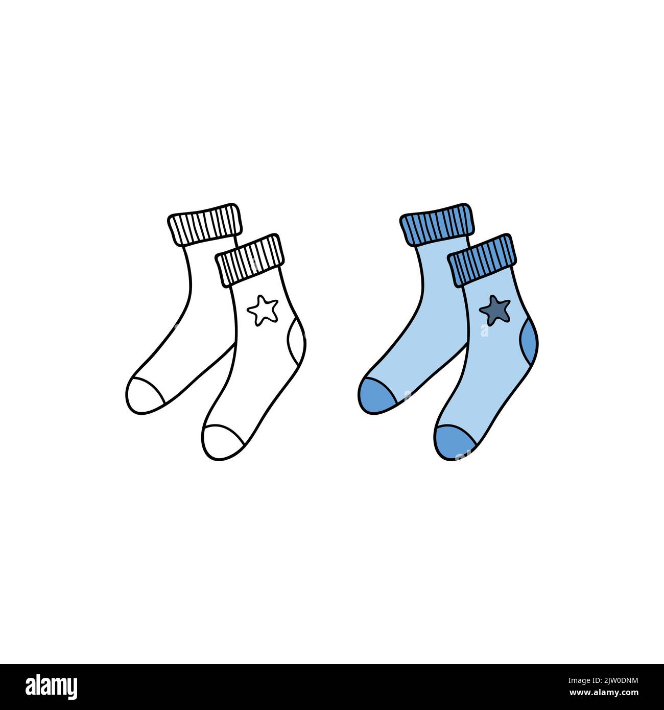 Hand drawn outline and colored blue socks with star isolated on white ...