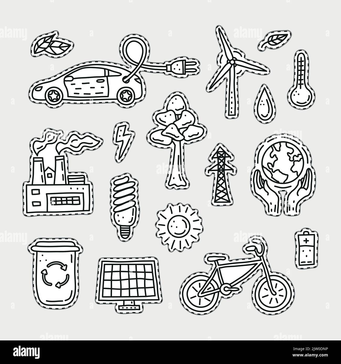 Set of doodle uncolored ecology and environment stickers or patches ...