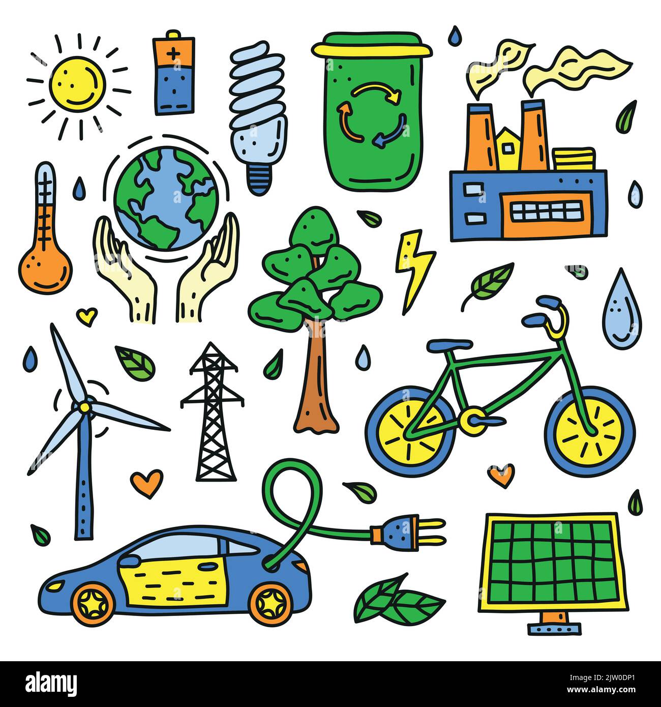 Set of doodle colored ecology and environment icons isolated on white ...