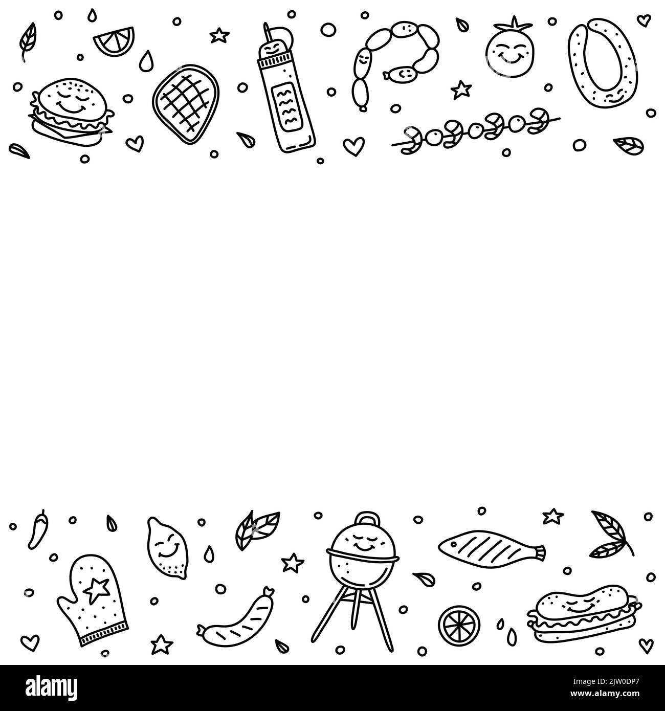 Poster with cute doodle outline barbecue and picnic icons, lines ...