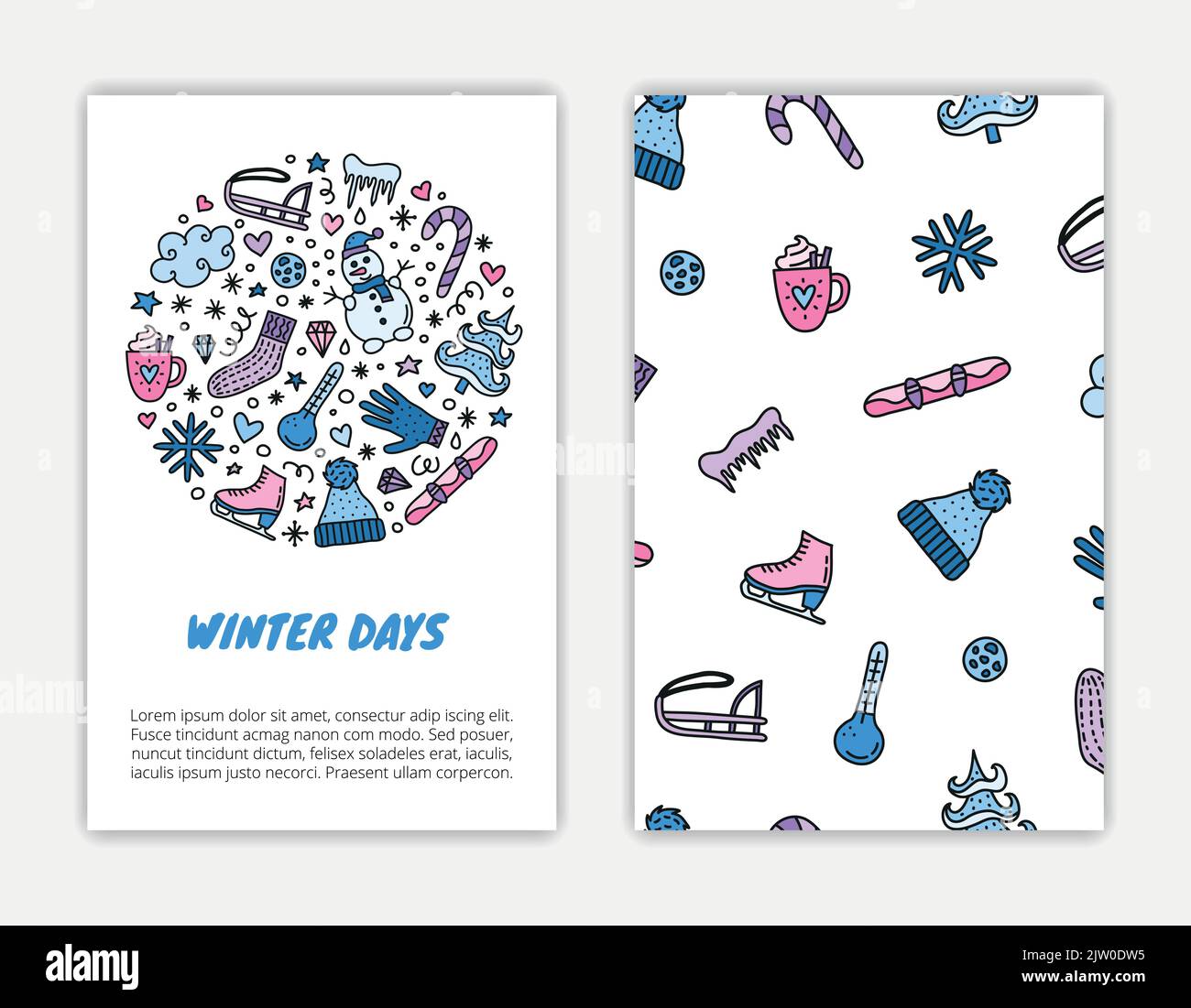 Card templates with doodle colored winter icons. Used clipping mask ...