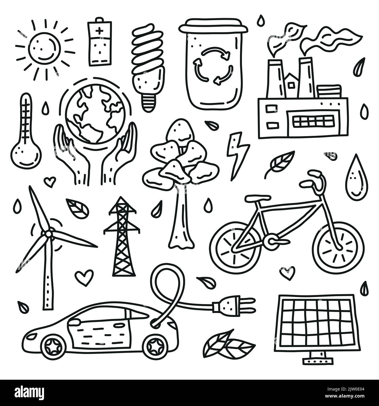 Set of doodle outline ecology and environment icons isolated on white ...