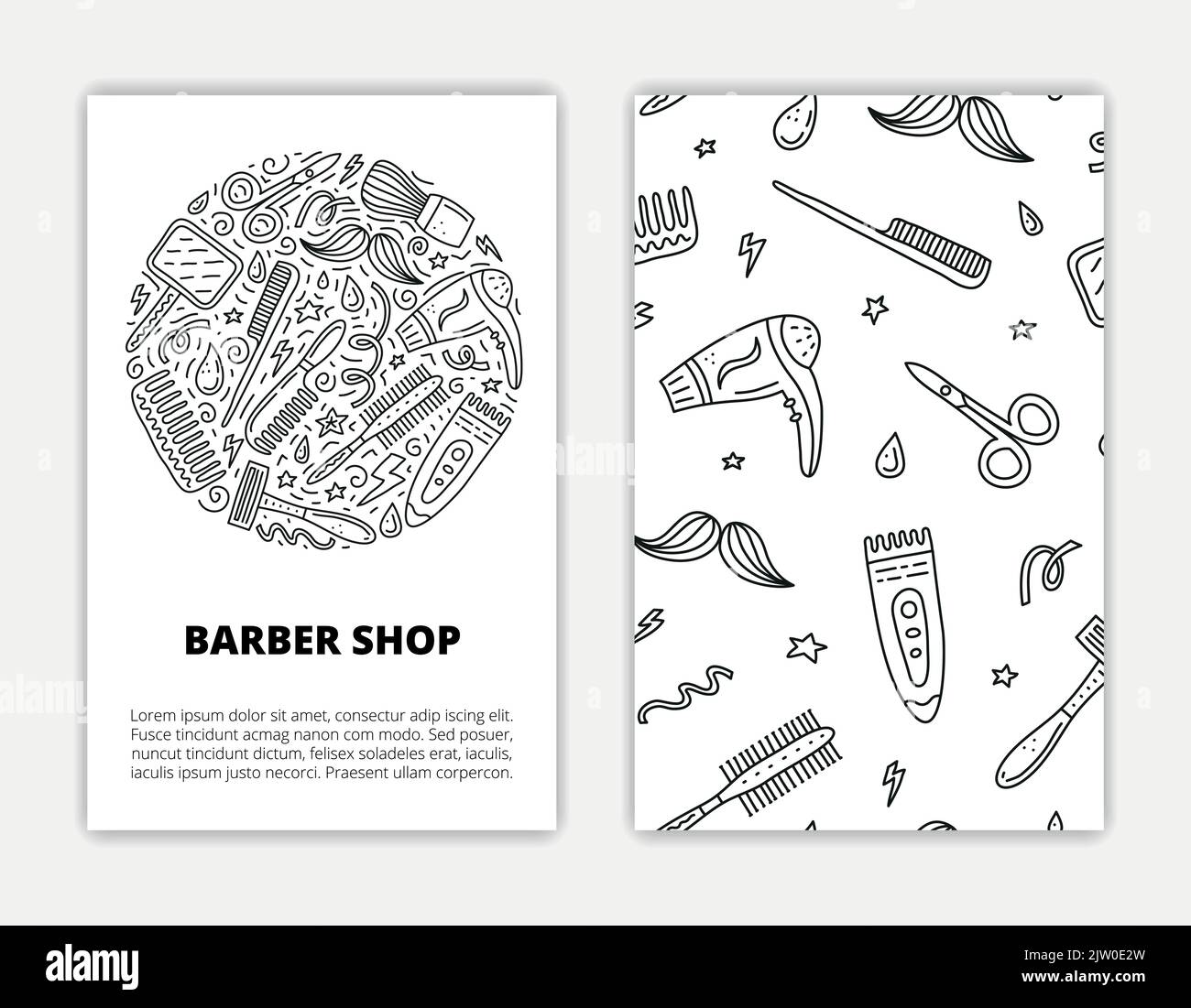 Card templates with doodle outline barber shop icons. Used clipping ...
