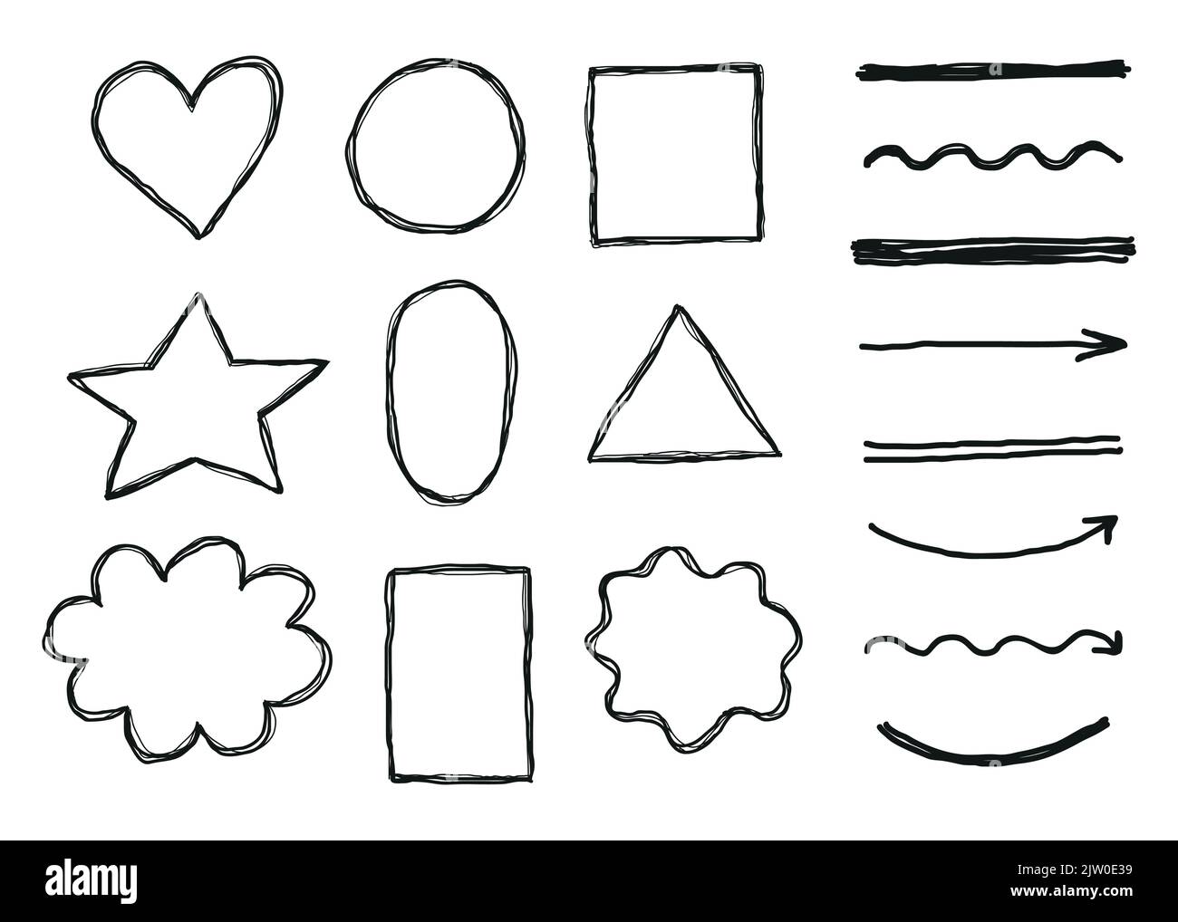 Set of simple doodle sketched frames, lines, arrows, markers isolated ...
